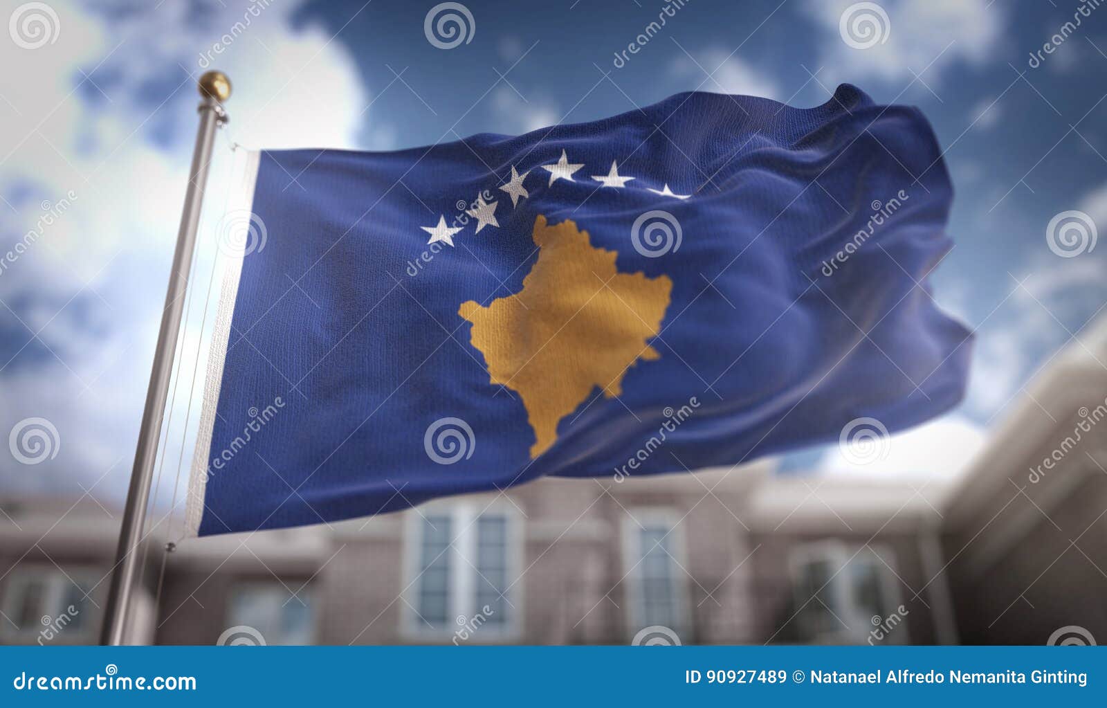 Kosovo Flag 3D Rendering on Blue Sky Building Background Stock Image ...
