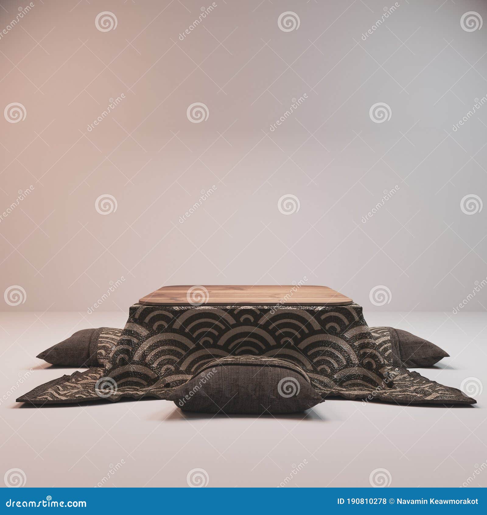 The Kotatsu Low Table Japanese Style and Pillow on White Background.3D ...