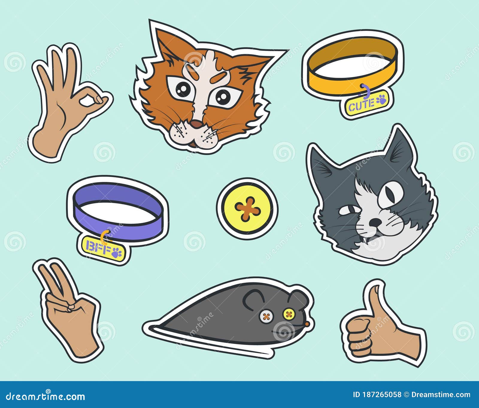 Set of Stickers with Cats, Hands with Gestures, Collars, Flat Style ...