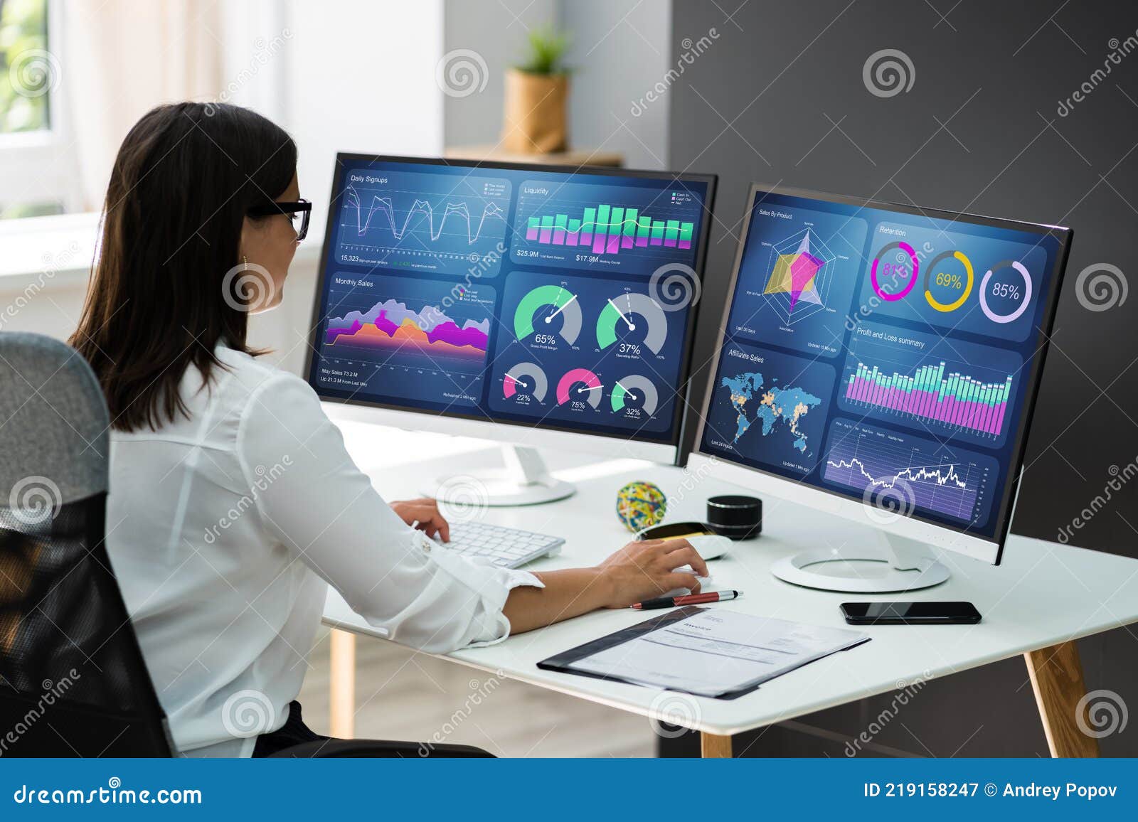 KPI Dashboard on Computer stock image. Image of girl - 219158247