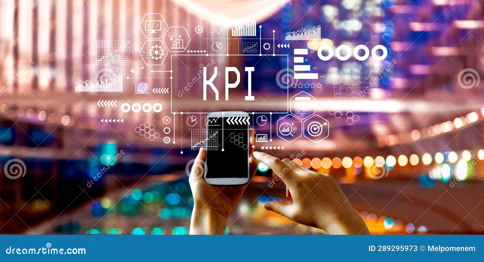 KPI - Key Performance Indicator Theme with Big City at Night Stock ...