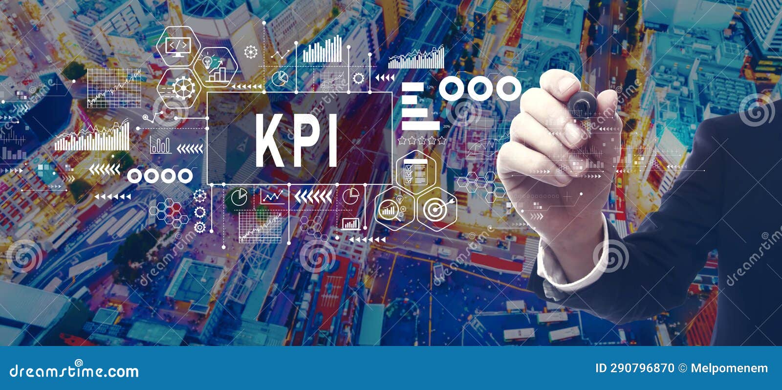 KPI - Key Performance Indicator Theme with Businessman in City at Night ...