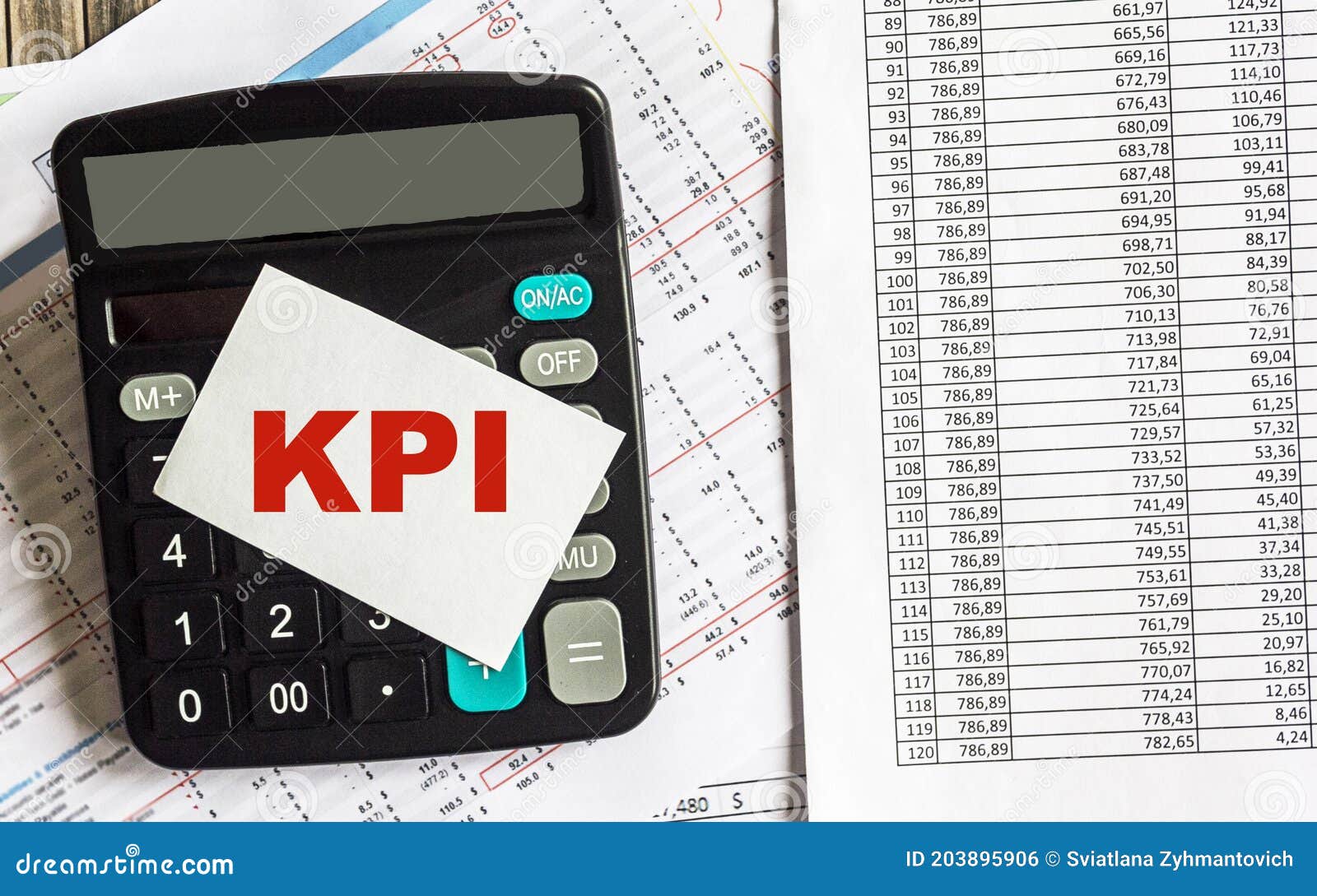 KPI Text on a Sticker with a Calculator and Documents Stock Photo ...