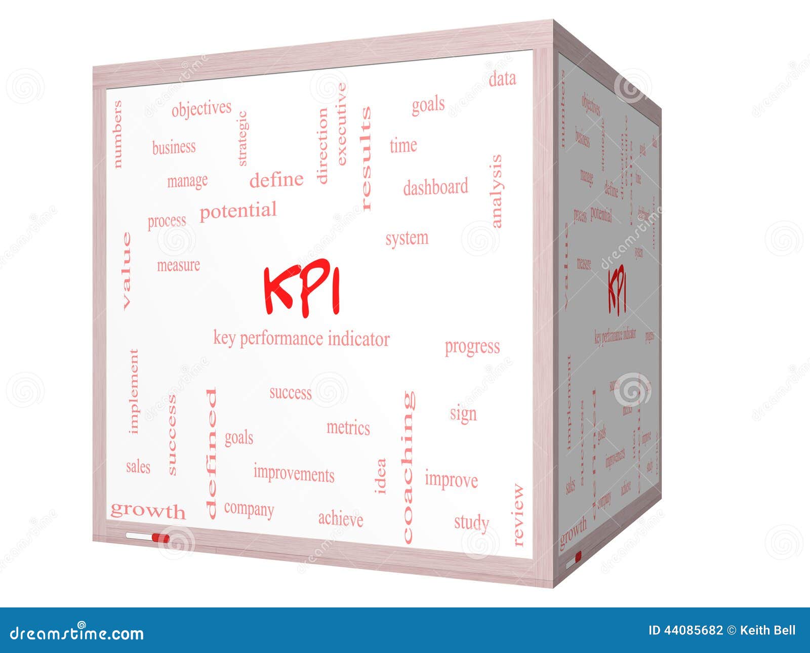 KPI Word Cloud Concept on a 3D Cube Whiteboard Stock Illustration ...
