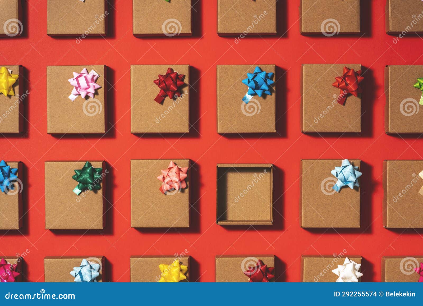 Kraft Paper Gift Boxes Flat Lay on Red Background with One Empty Box ...