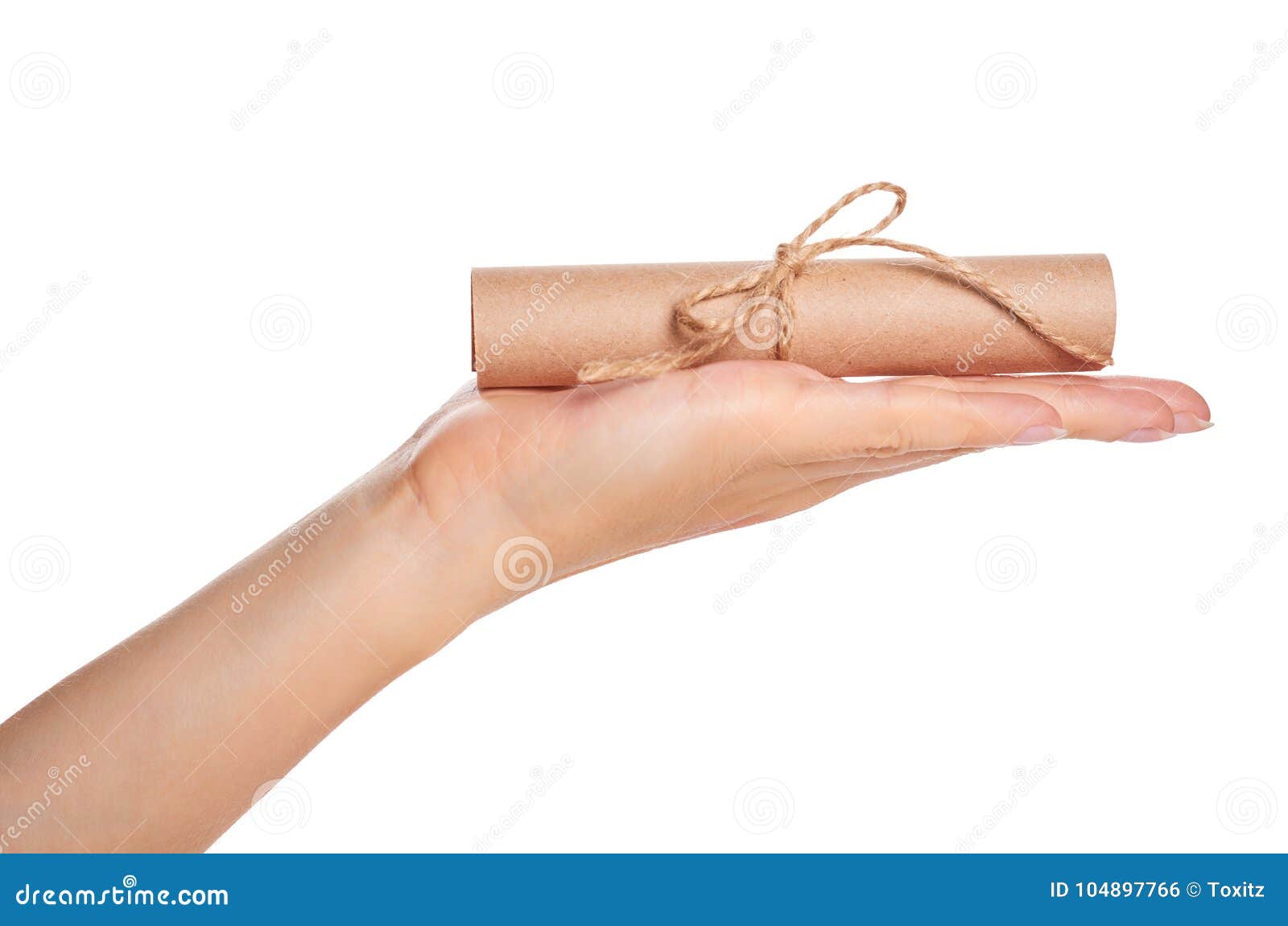 Kraft Paper Scroll in Hand Isolated on White Background Stock Photo ...