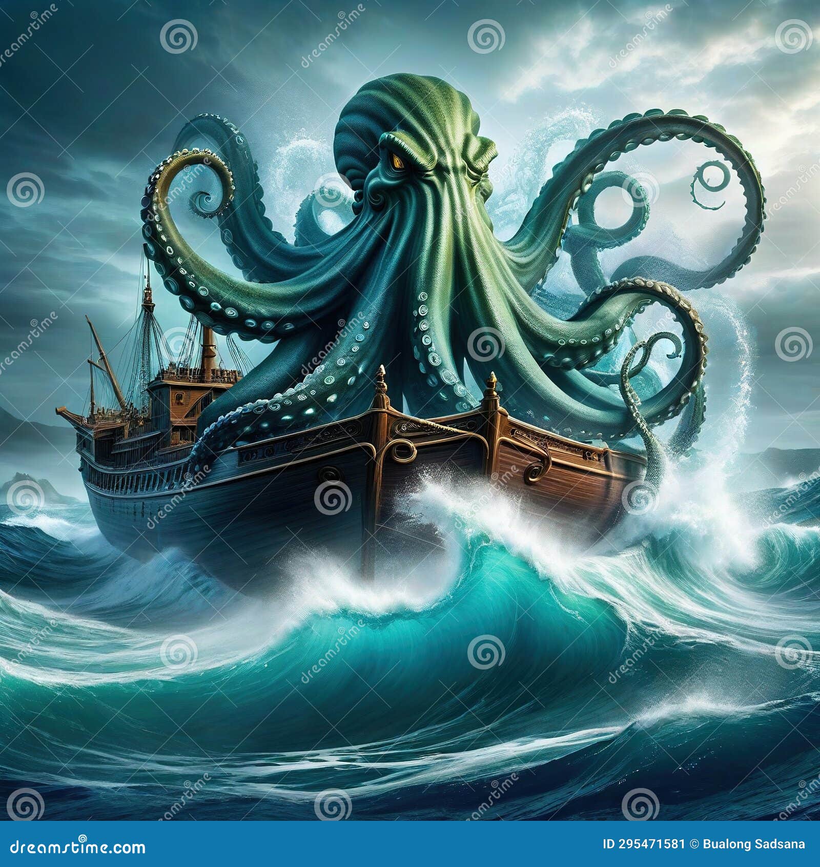 Kraken Pulling Ship Under the Waves Fantasy Concept Stock Illustration ...