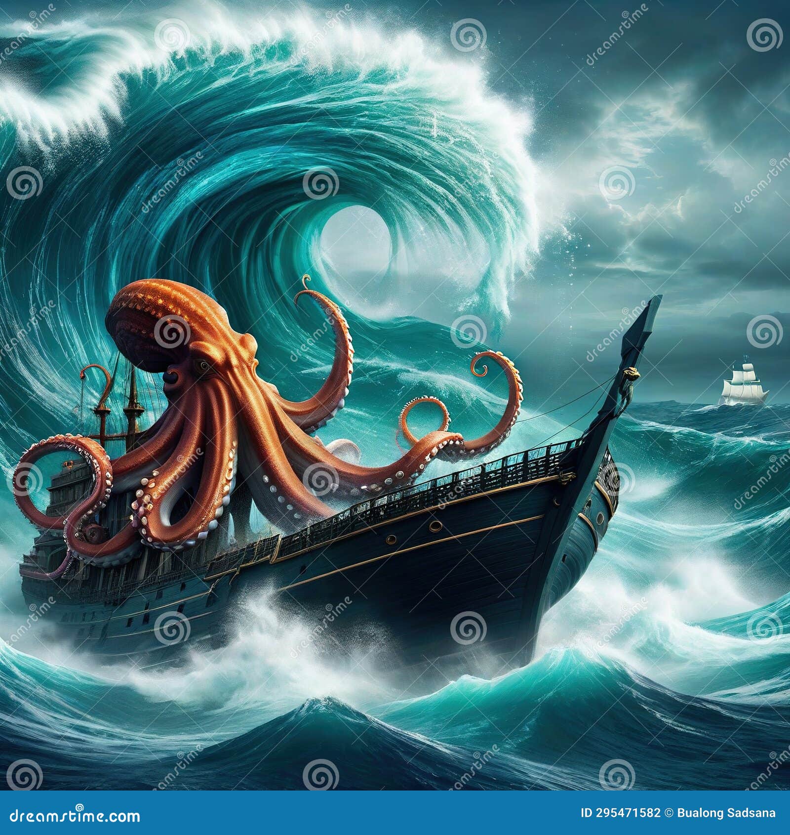 Kraken Pulling Ship Under the Waves Fantasy Concept Stock Illustration ...