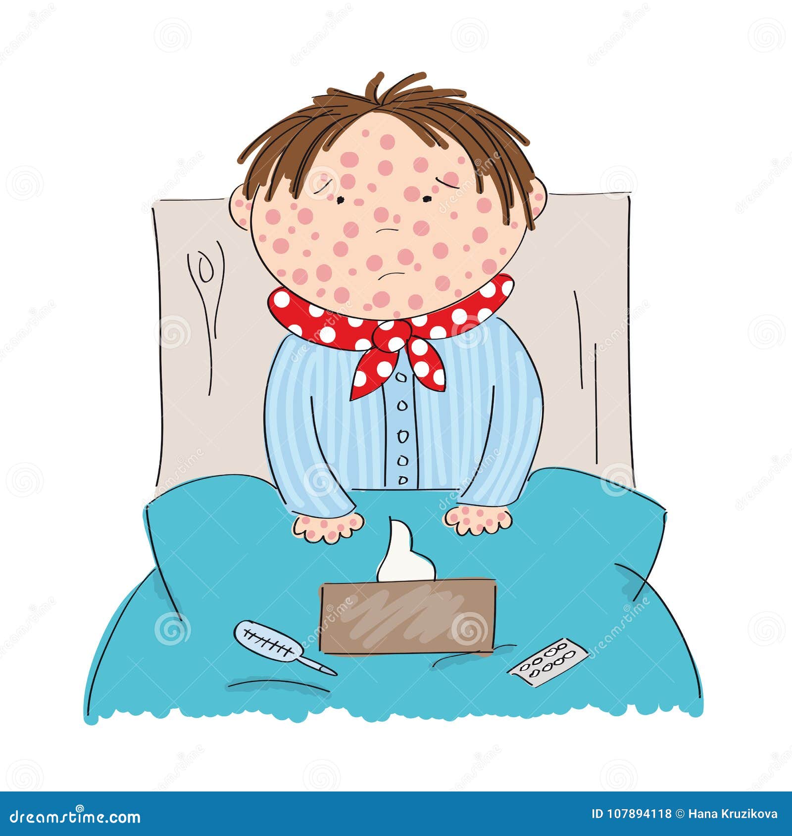 Kranker Junge Mit Windpocken, Masern, Rubeola Oder Hautausschlag Vektor ...