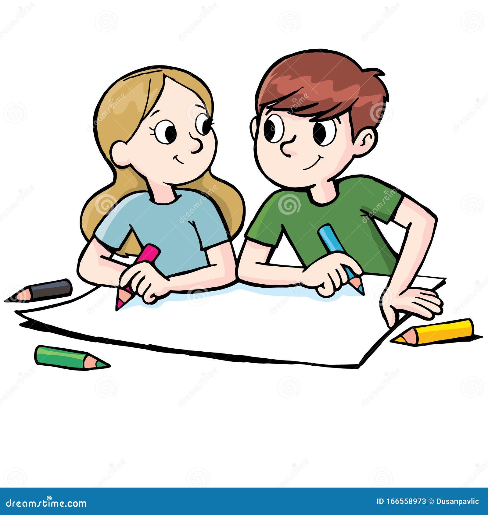 Girl and Boy Draw on Big Paper and Create Together Stock Vector ...