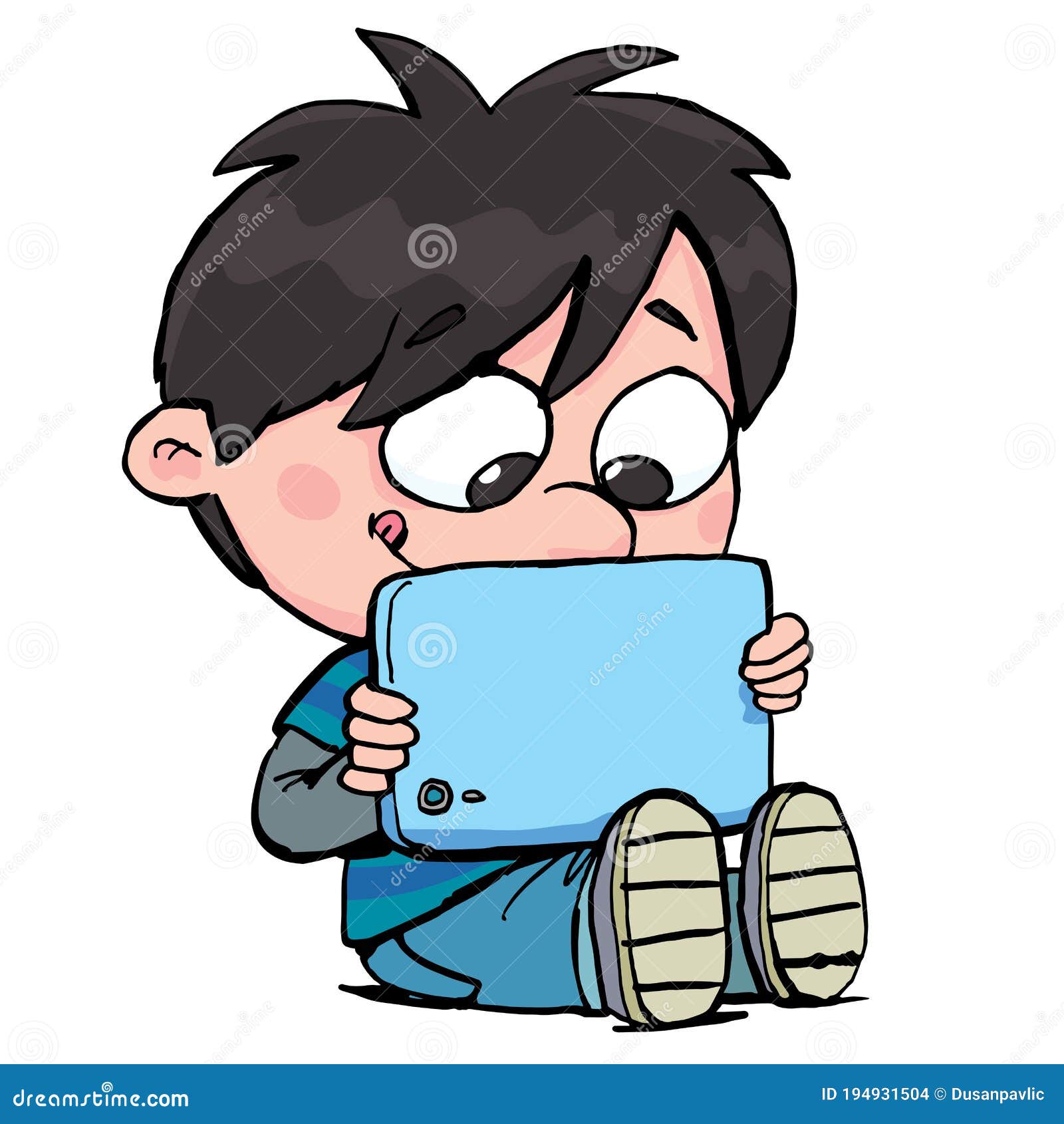 Boy Sits and Looks at the Tablet Stock Vector - Illustration of hand ...