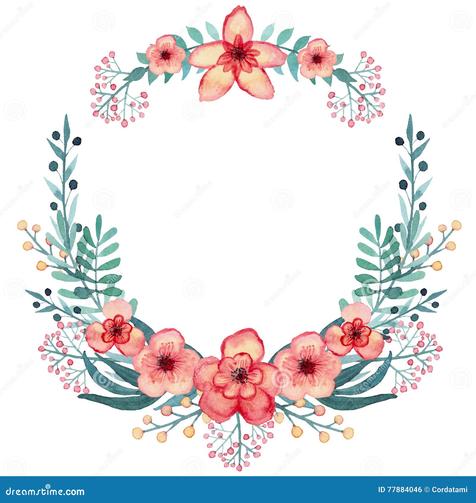 Kroon Met Waterverf Rode Tropische Bloemen, Bessen En Groene Bladeren ... Kroon Met Waterverf Rode Tropische Bloemen, Bessen En Groene Bladeren ...