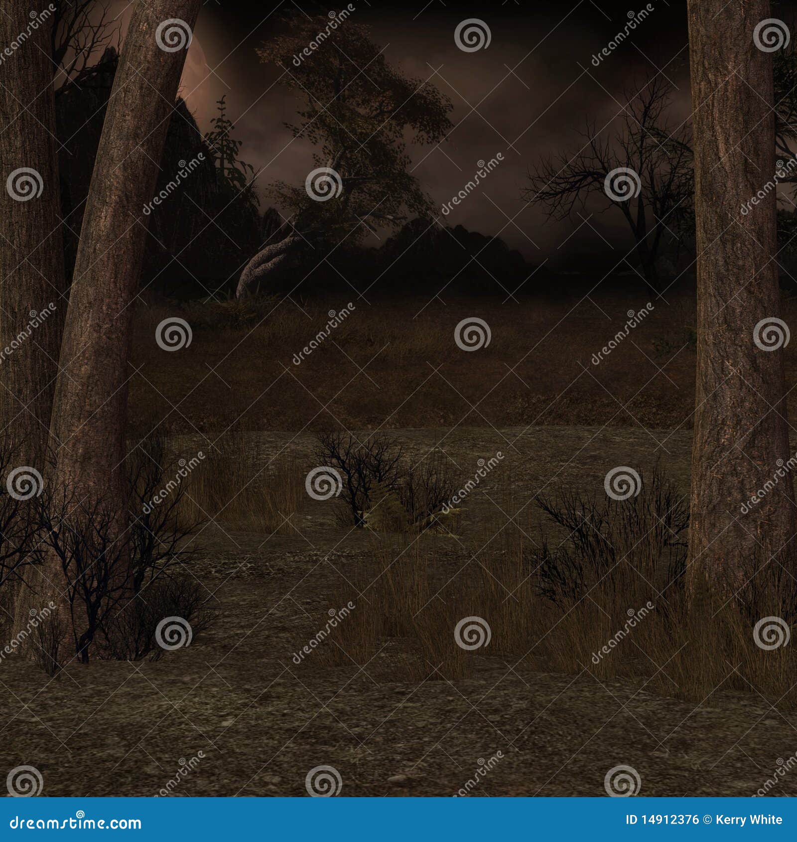 Creepy Forest Landscape With Trees, Swamp, Old House And Light In ...