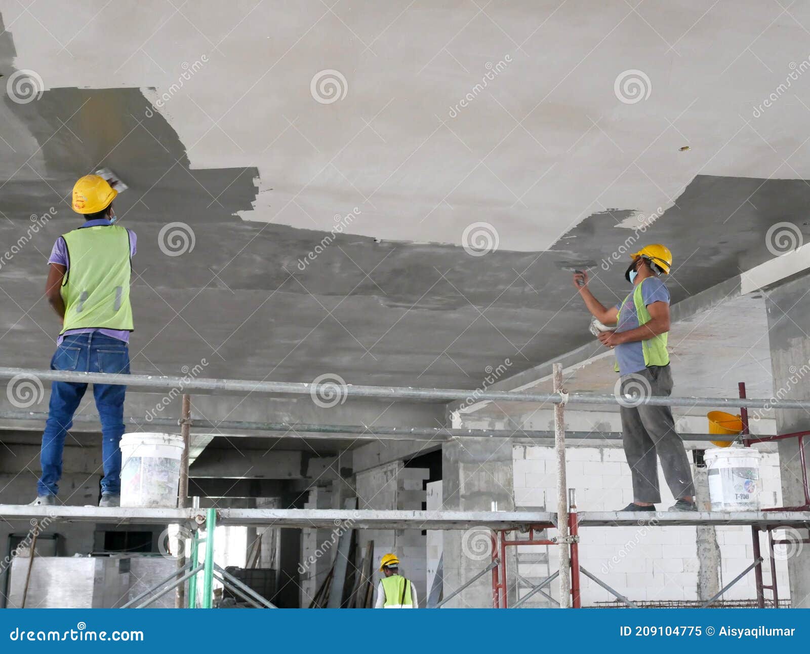 Construction Site Workers are Doing Ceiling Soffit Skim Coat Work at ...