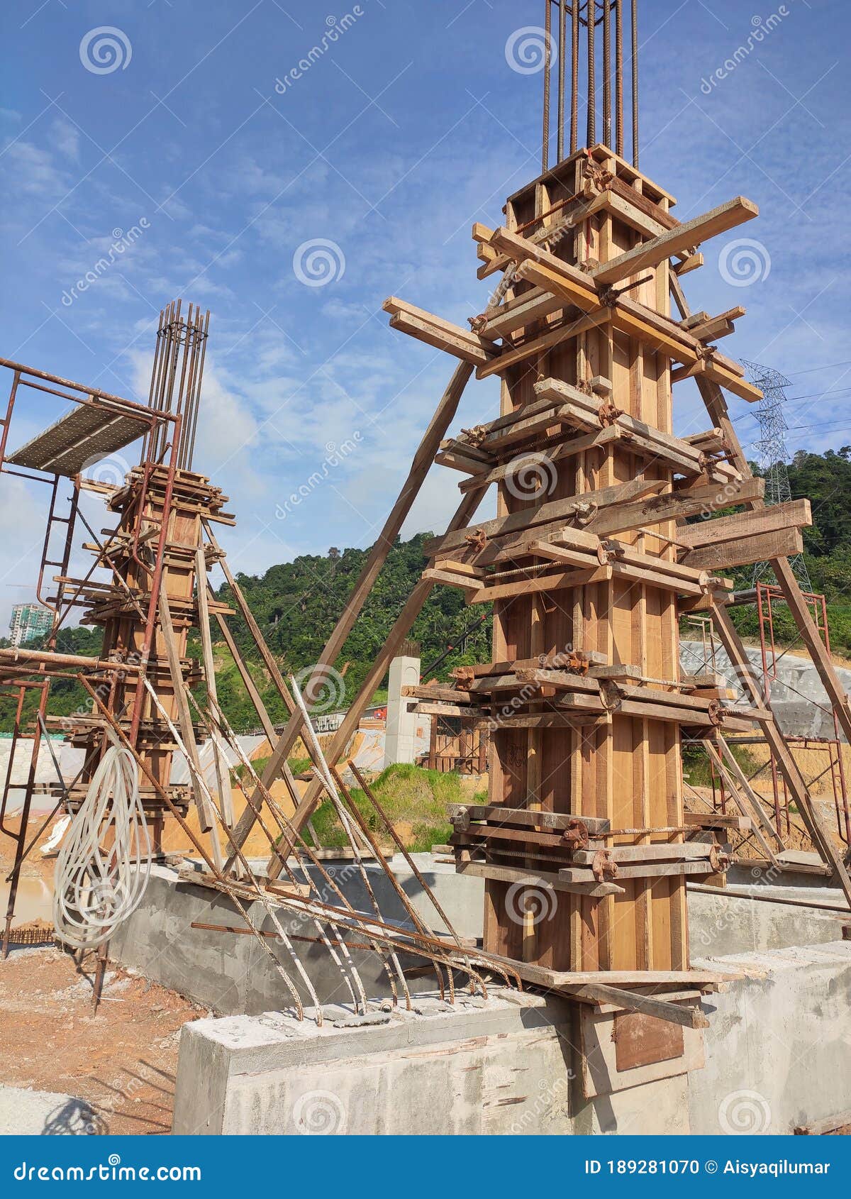 Column Timber Form Work and Reinforcement Bar at the Construction Site ...
