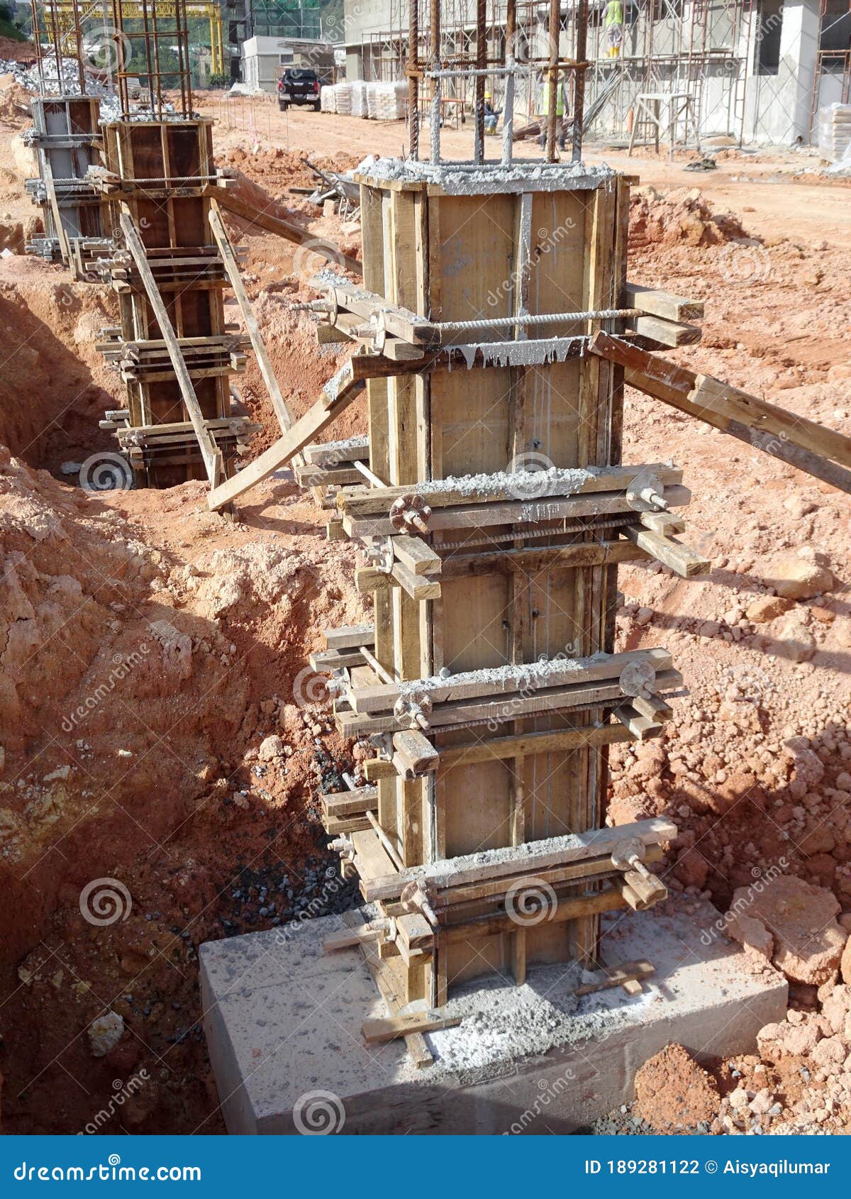 Column Timber Form Work and Reinforcement Bar at the Construction Site ...