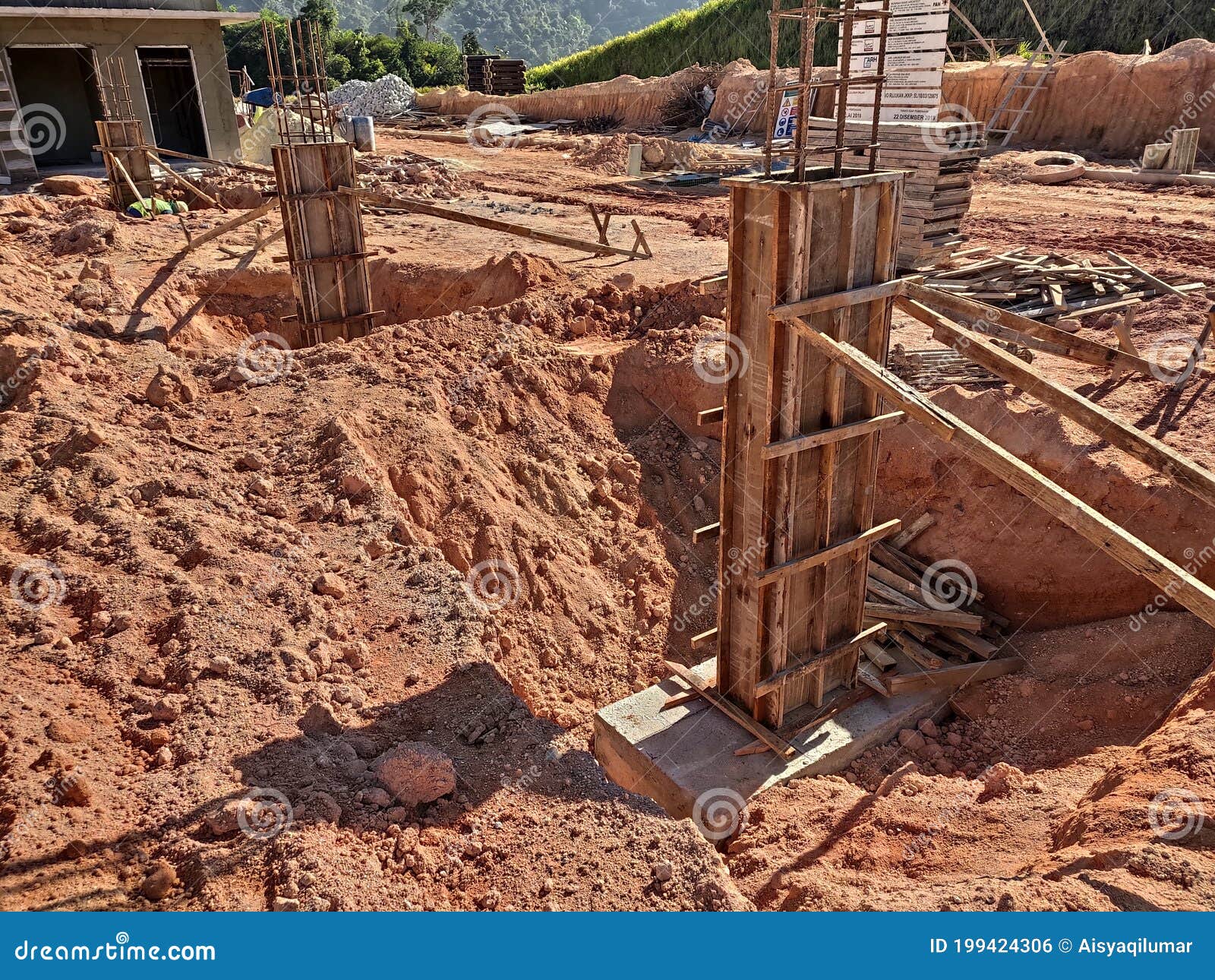 Column Timber Formwork and Reinforcement Bar at the Construction Site ...