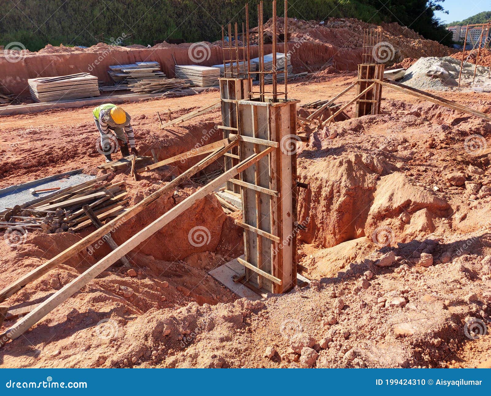 Column Timber Formwork and Reinforcement Bar at the Construction Site ...