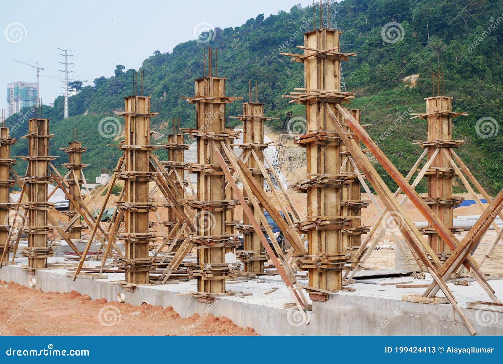 Column Timber Formwork and Reinforcement Bar at the Construction Site ...