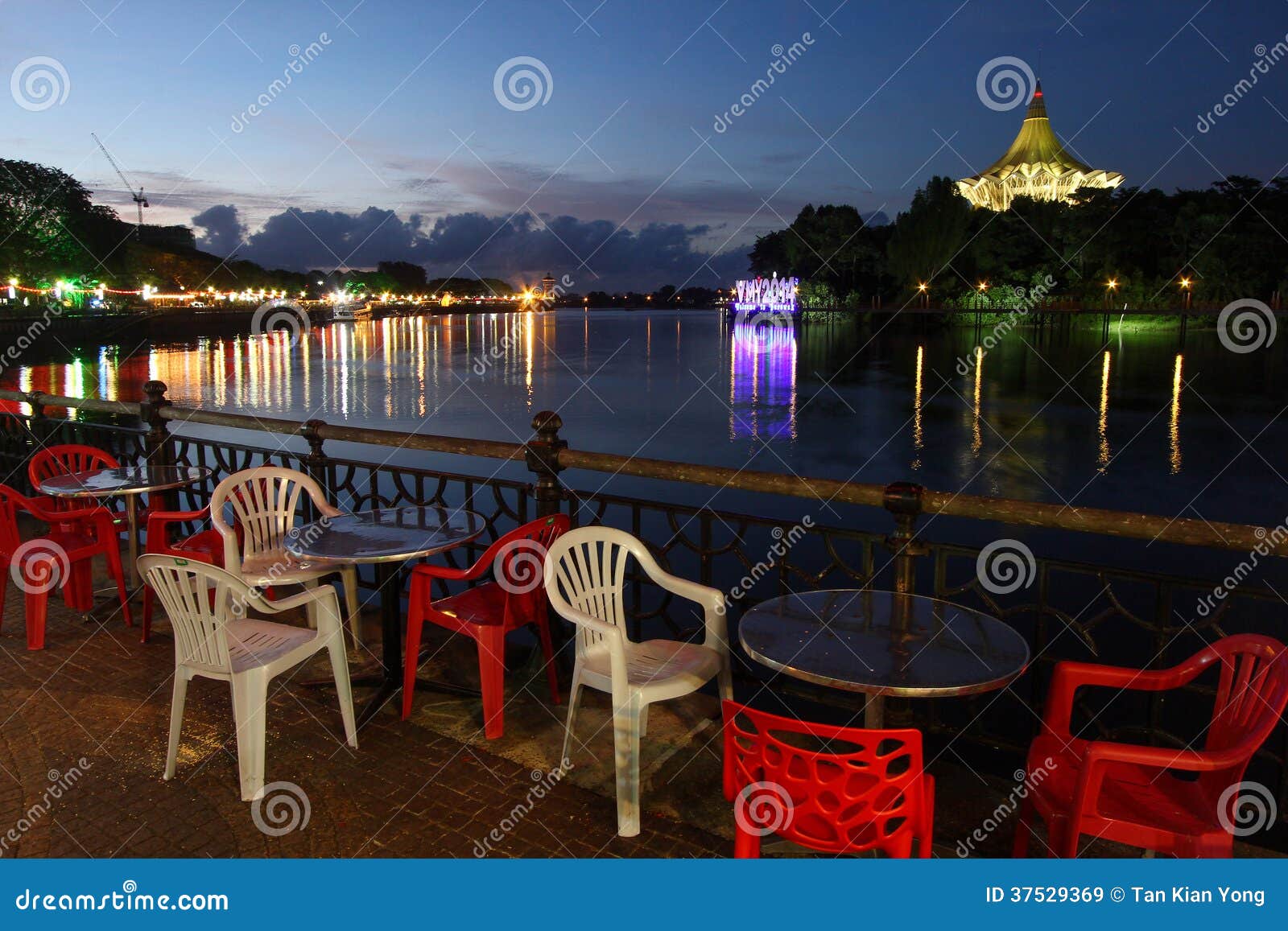 Kuching Riverside Esplanade in the Evening, Sarawak, Malaysia Stock ...