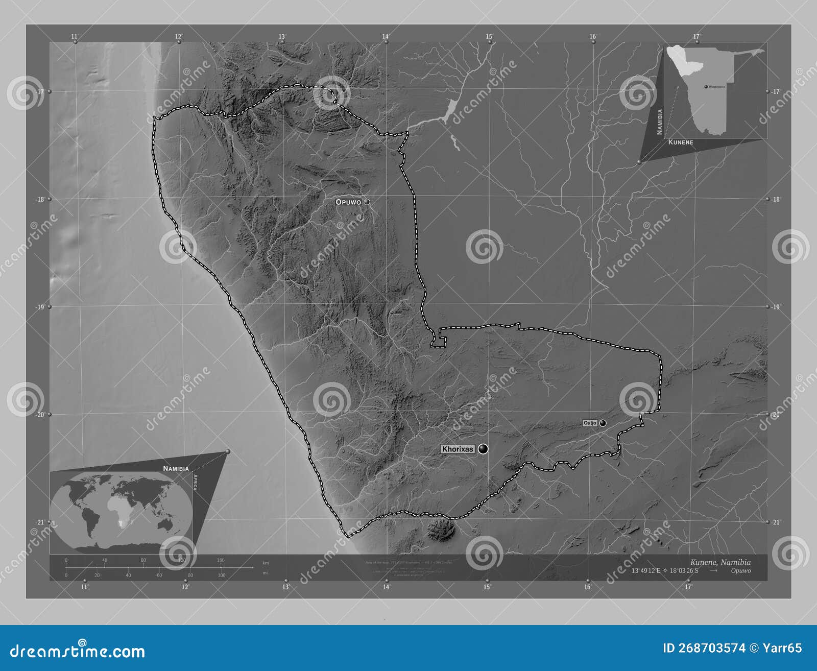 Kunene, Namibia. Grayscale. Labelled Points of Cities Stock ...