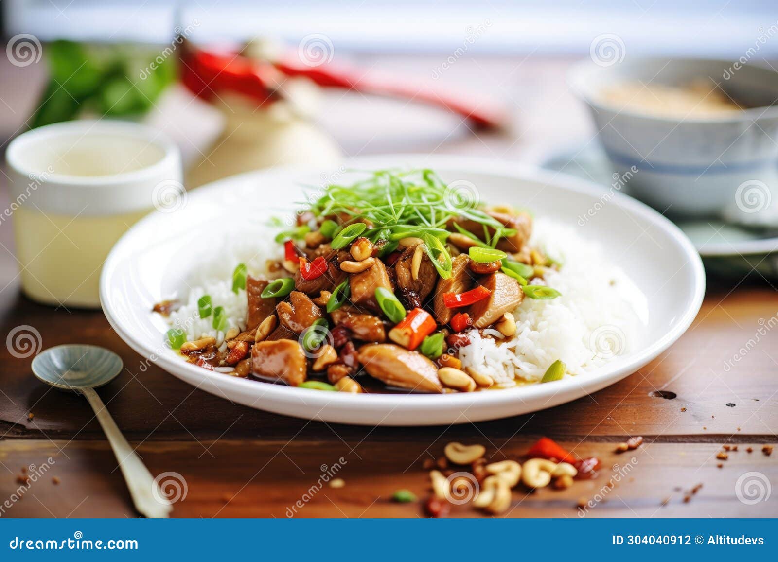 Kung Pao Chicken Over White Rice on a Plate Stock Photo - Image of dish ...