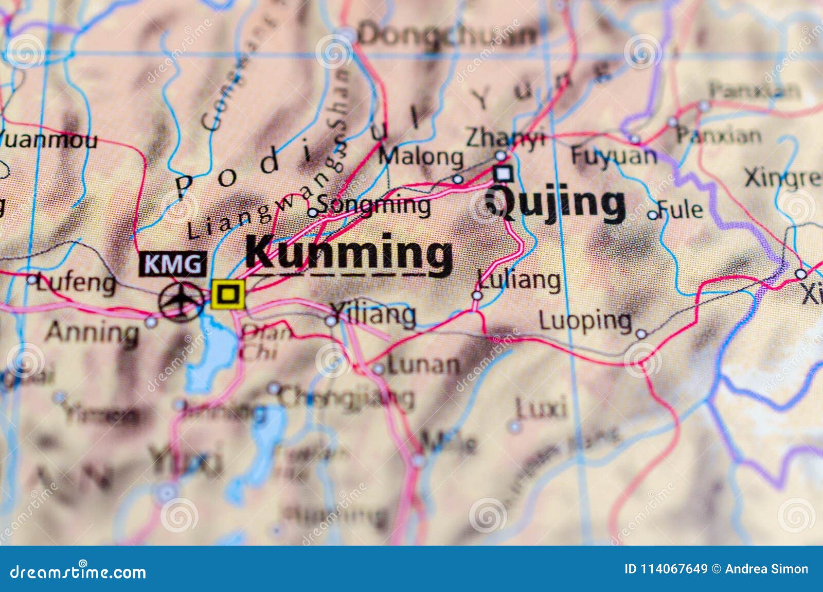 Kunming en mapa imagen de archivo. Imagen de populoso - 114067649