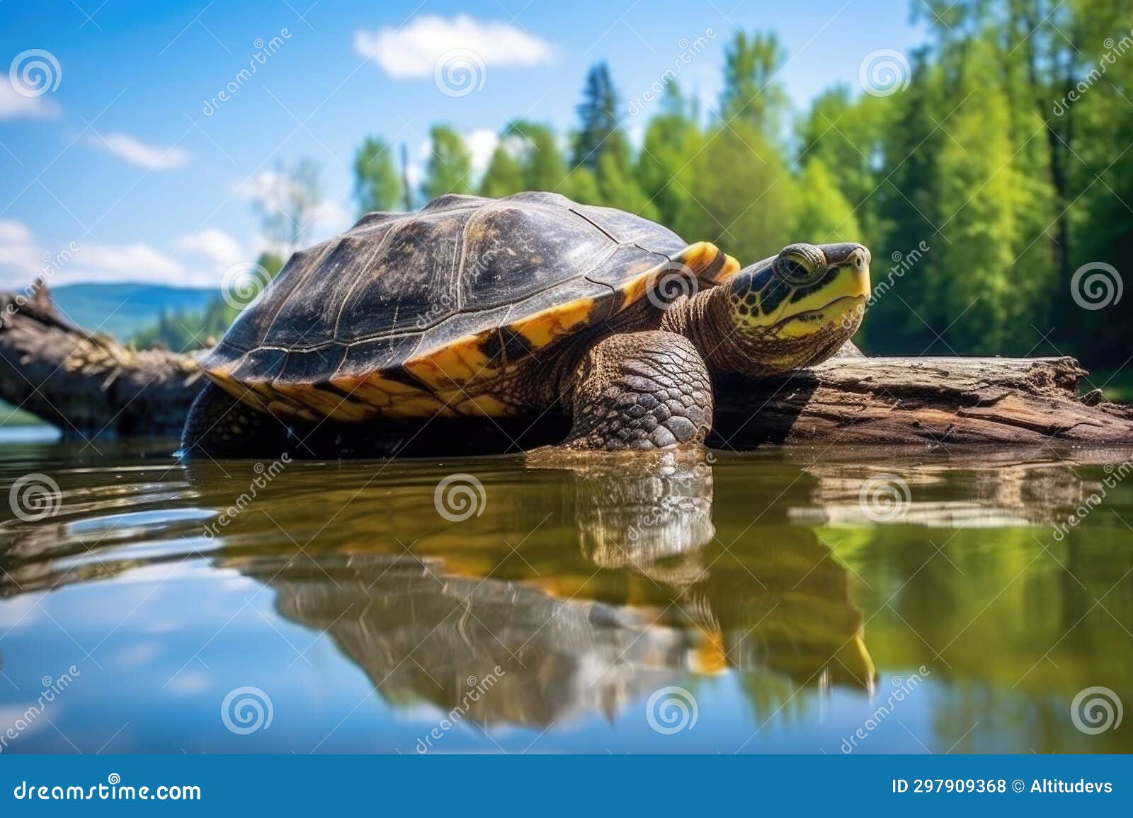 Kurma Turtle Sunbathing on a Log in a Lake Stock Photo - Image of ...