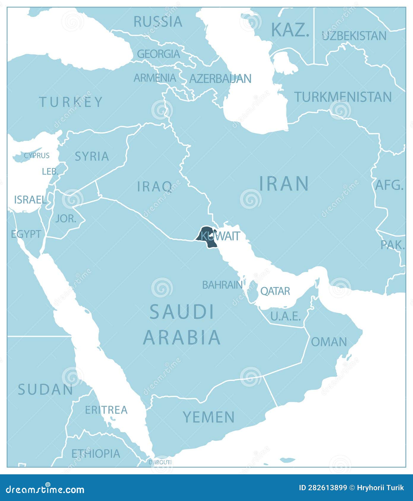 Kuwait - Blue Map with Neighboring Countries and Names Stock ...