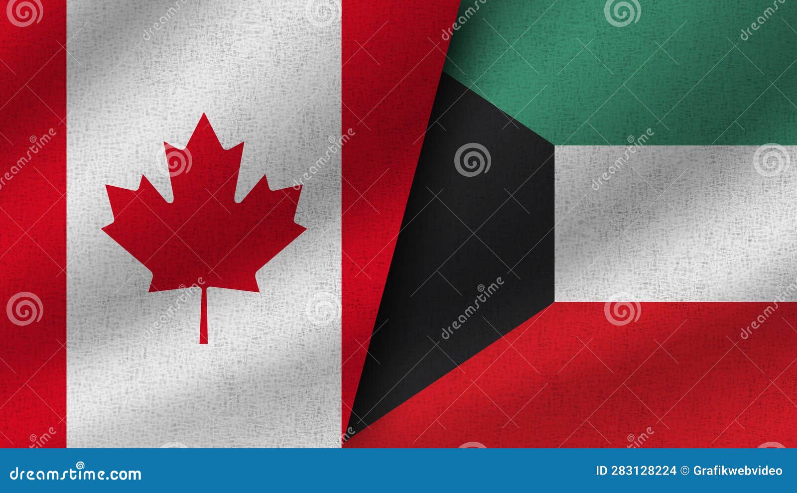 Kuwait and Canada Realistic Two Flags Together Stock Illustration ...
