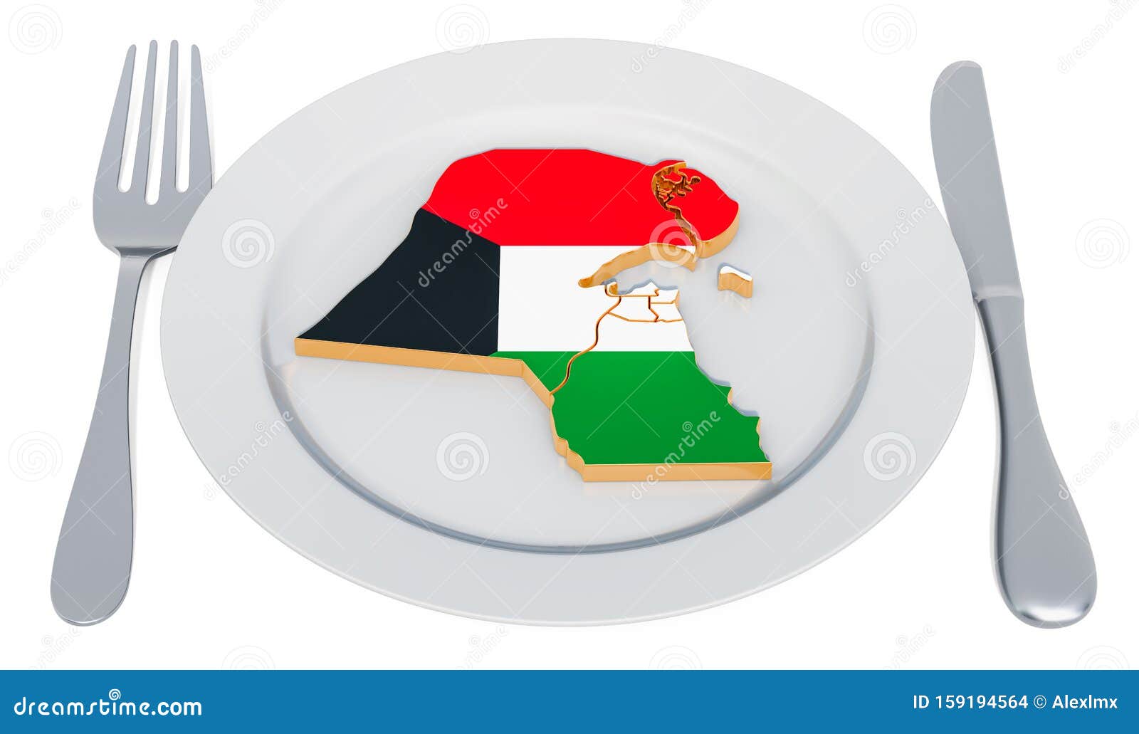 Kuwait Cuisine Concept. Plate with Map of Kuwait. 3D Rendering Stock ...