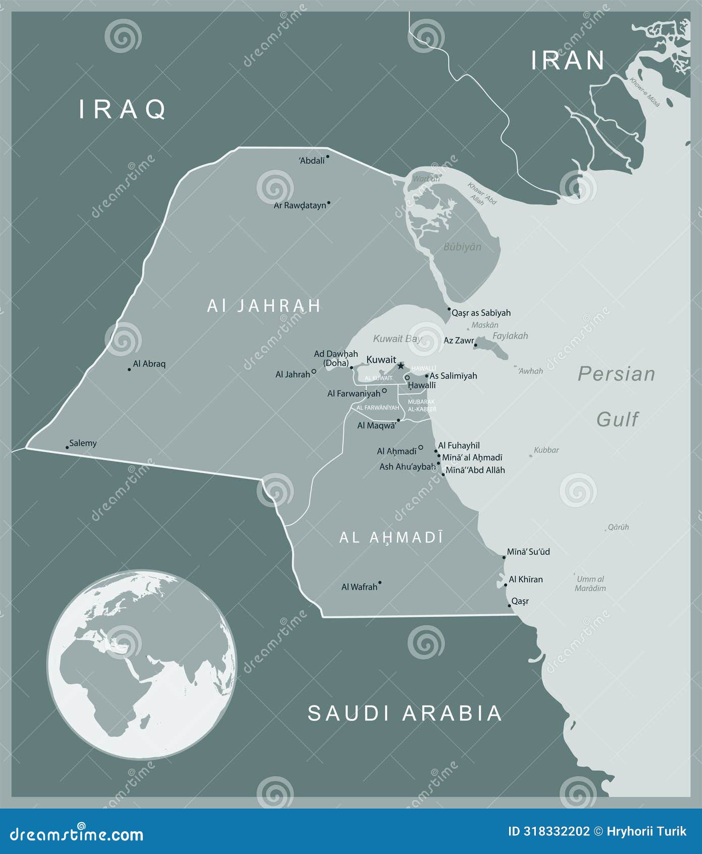 Kuwait - Detailed Blue Country Map With Cities, Regions, Location On ...
