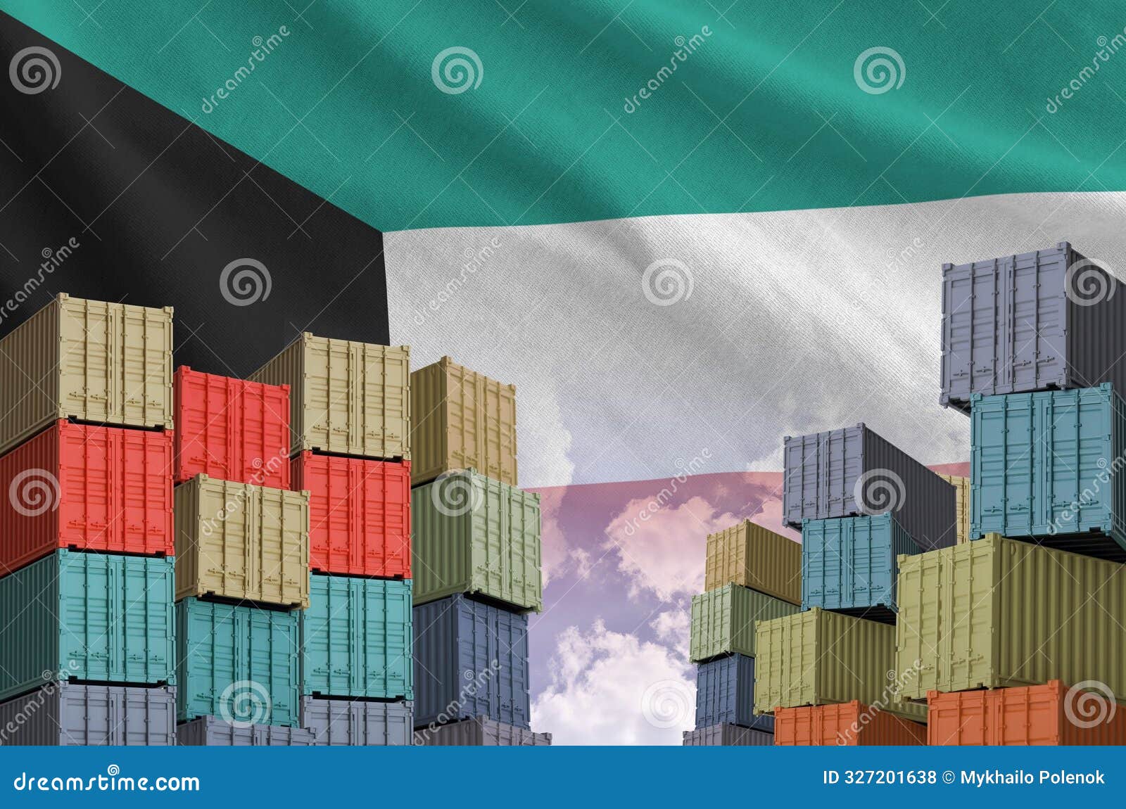 Kuwait Flag and Big Stack of Shipping Cargo Containers in Docks with ...