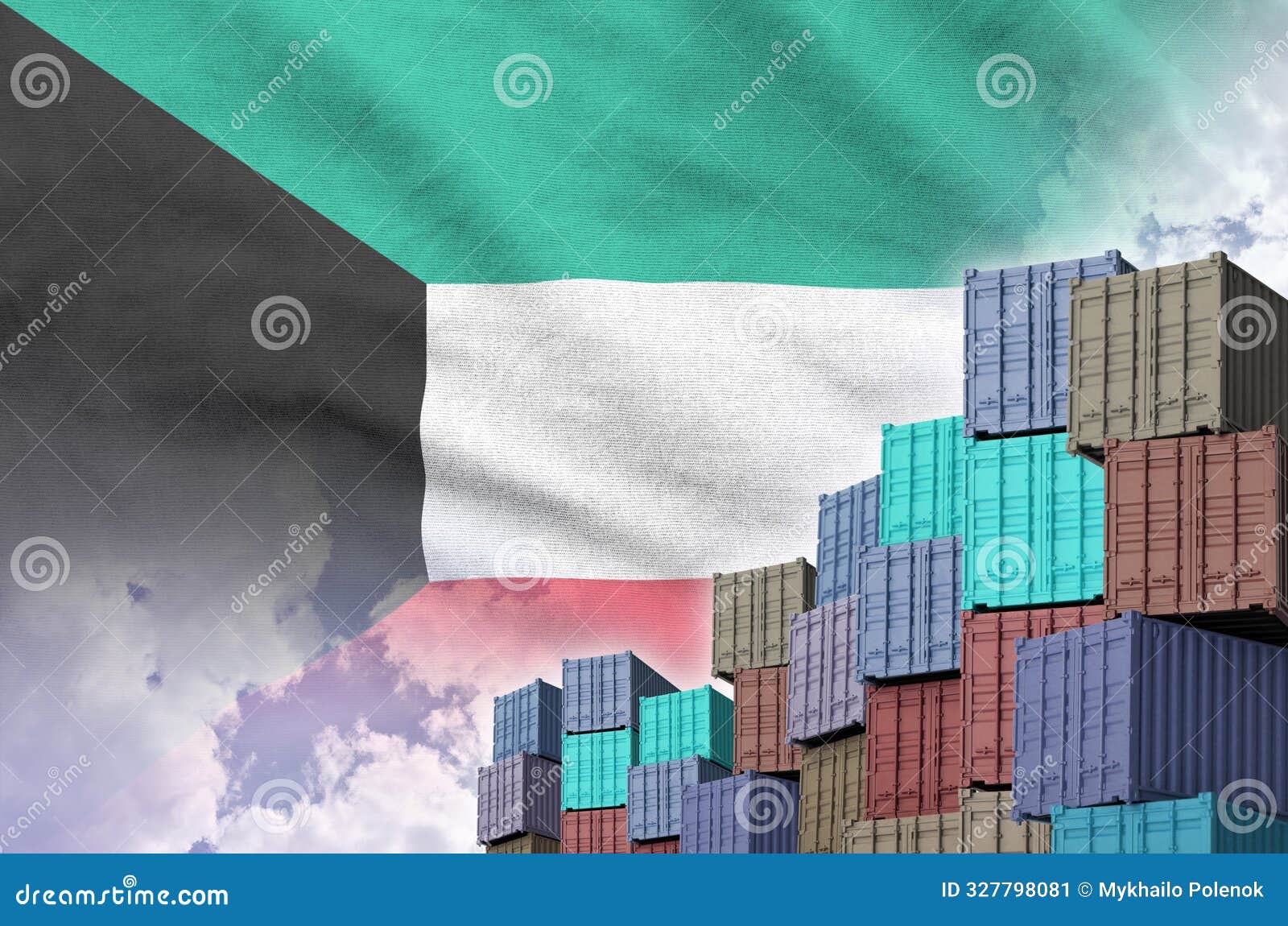Kuwait Flag and Big Stack of Shipping Cargo Containers in Docks with ...