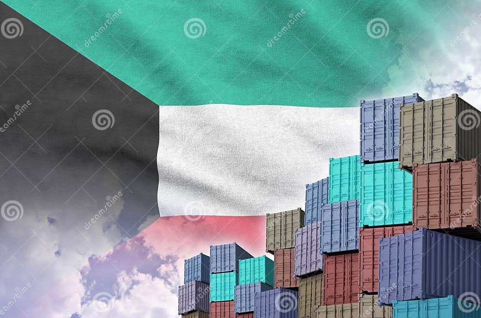 Kuwait Flag and Big Stack of Shipping Cargo Containers in Docks with ...