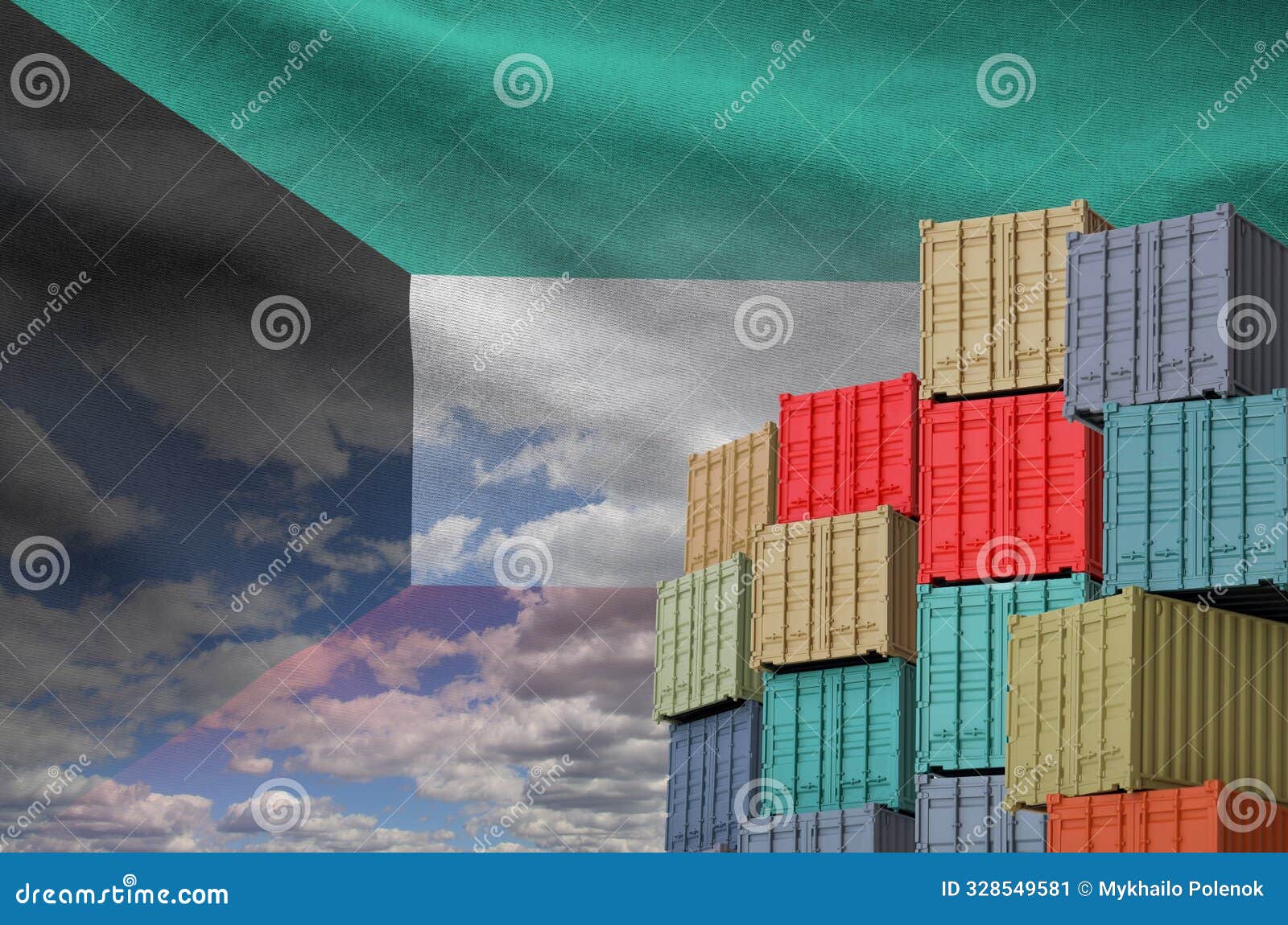 Kuwait Flag and Big Stack of Shipping Cargo Containers in Docks with ...