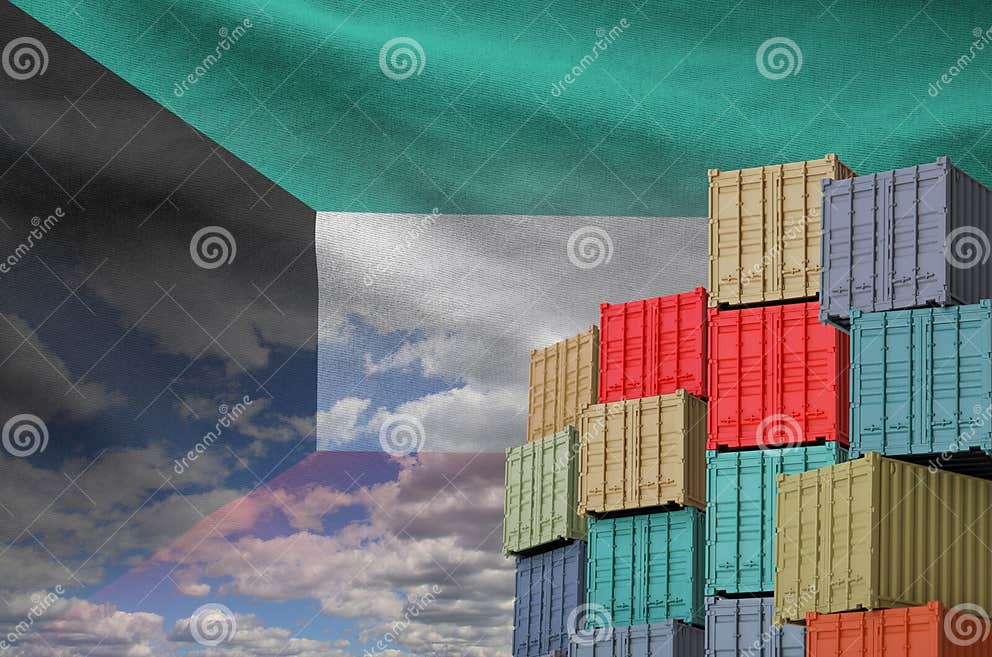 Kuwait Flag and Big Stack of Shipping Cargo Containers in Docks with ...