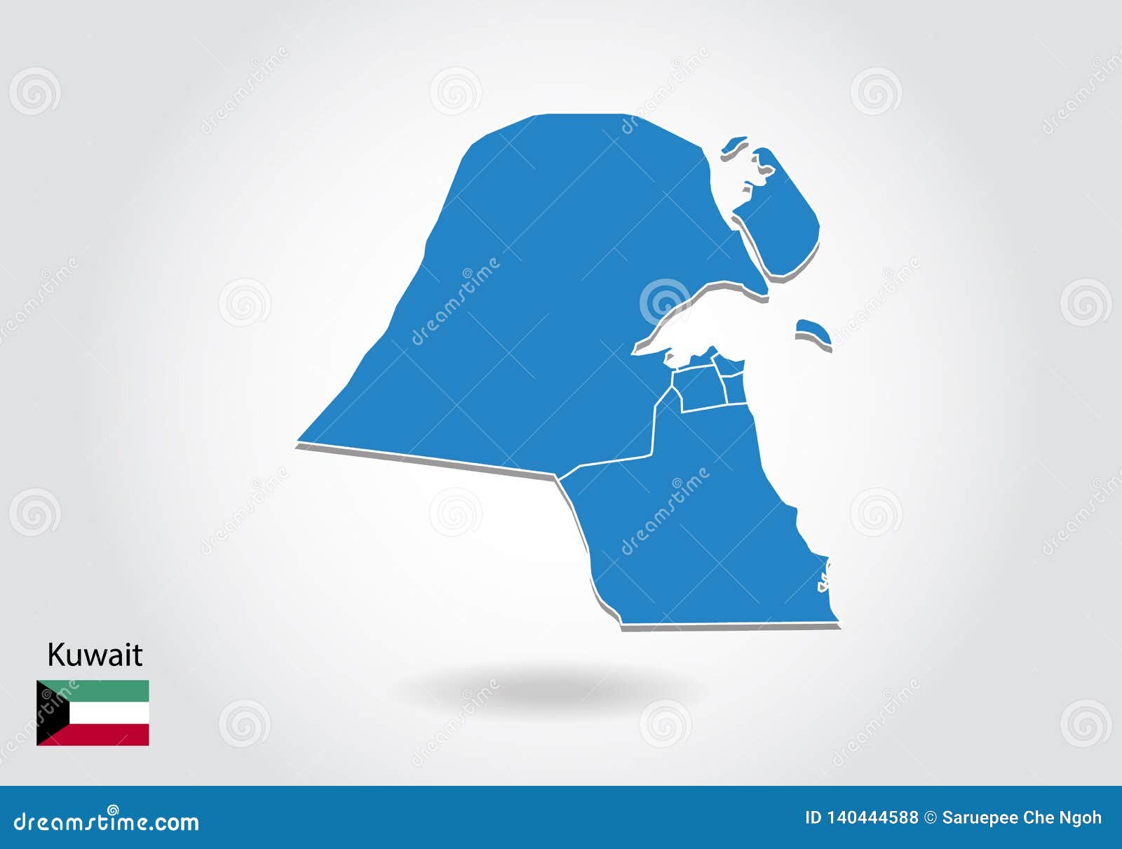 Kuwait Map Design with 3D Style. Blue Kuwait Map and National Flag ...