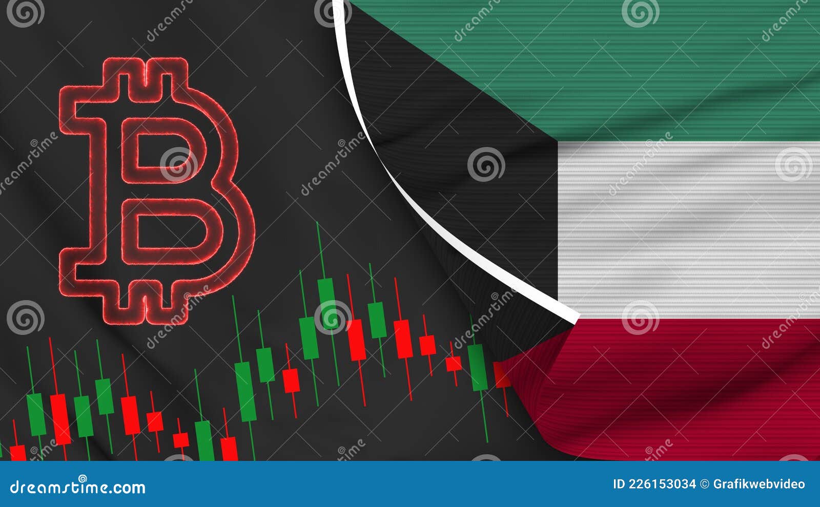 Kuwait Realistic Flag with Bitcoin Icon Fabric Texture 3D Illustration ...