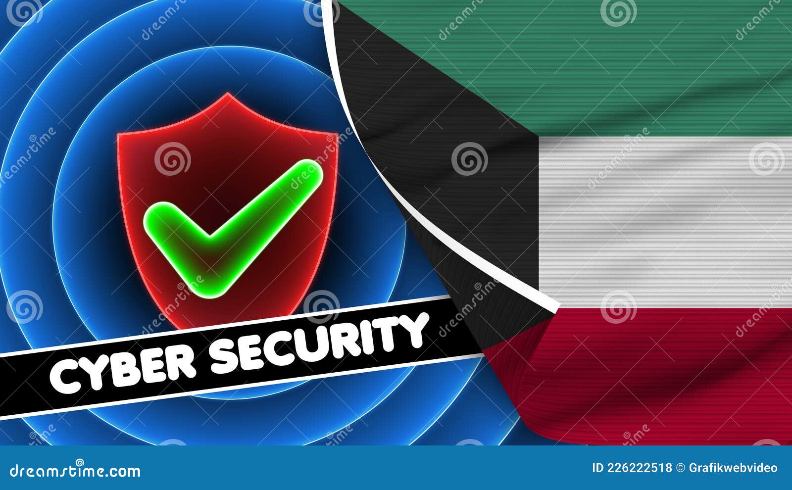 Kuwait Realistic Flag with Cyber Security Title Fabric Texture 3D ...
