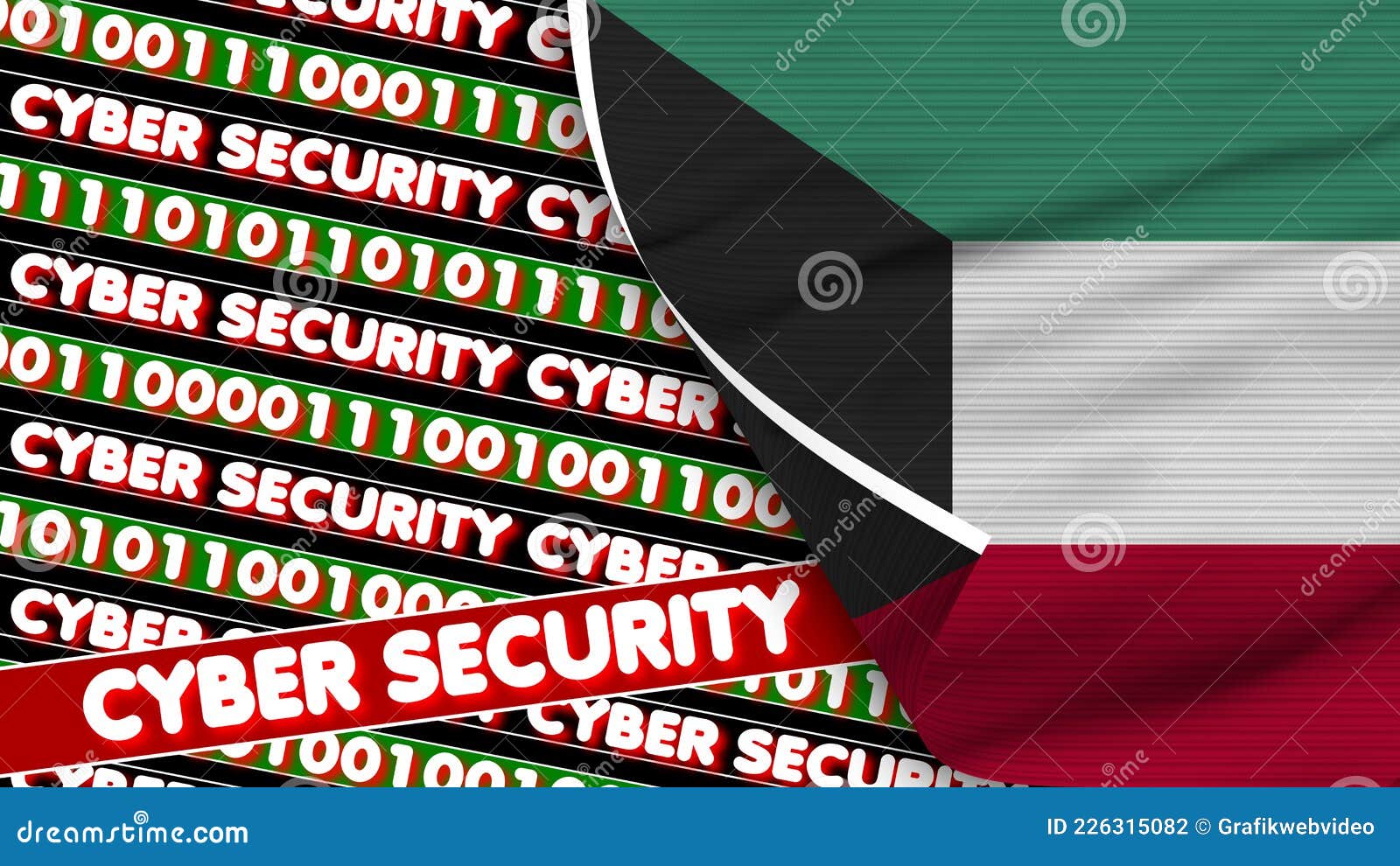 Kuwait Realistic Flag with Cyber Security Titles Fabric Texture 3D ...