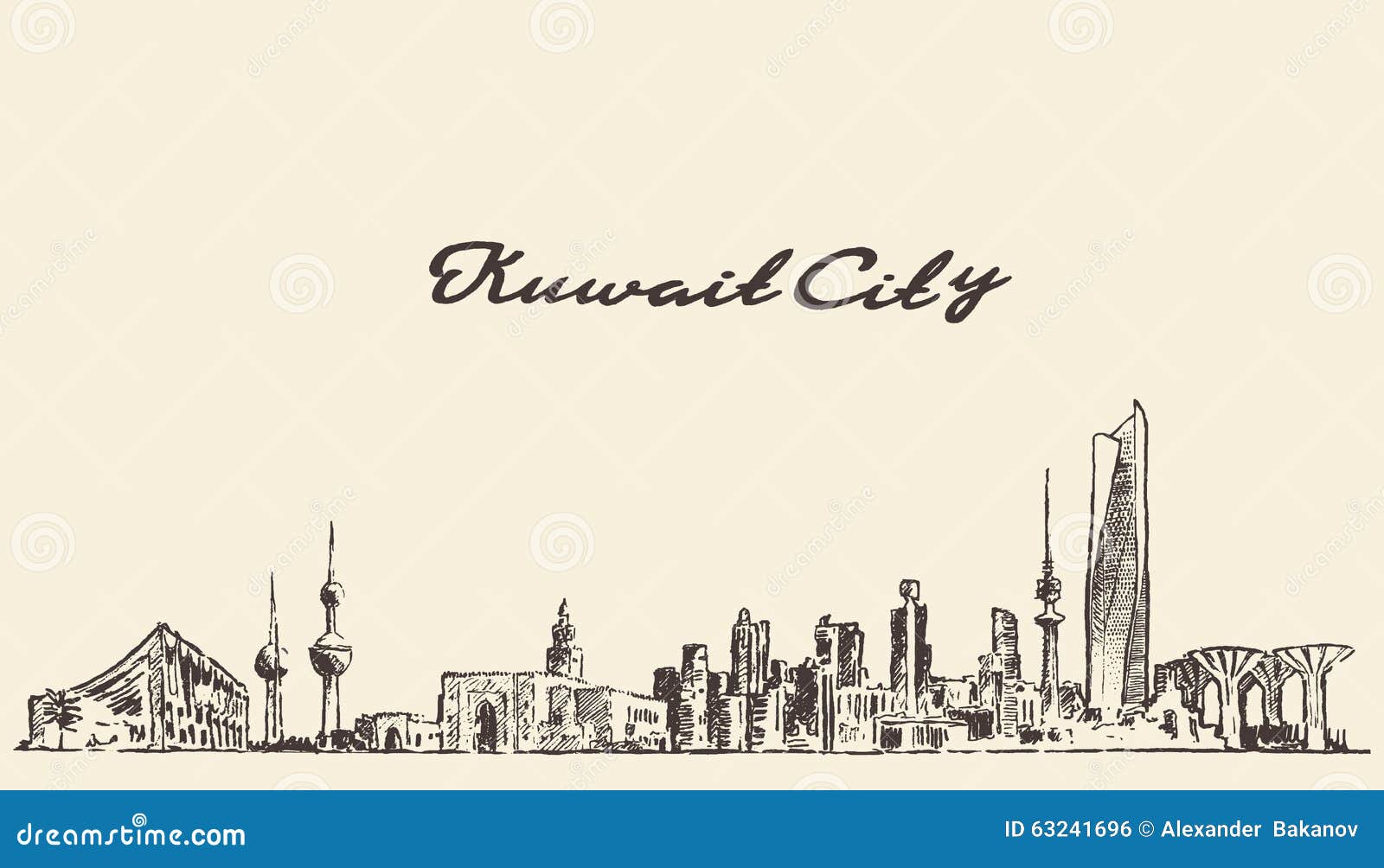 Kuwait Skyline Vector Vintage Illustration Drawn Stock Vector ...