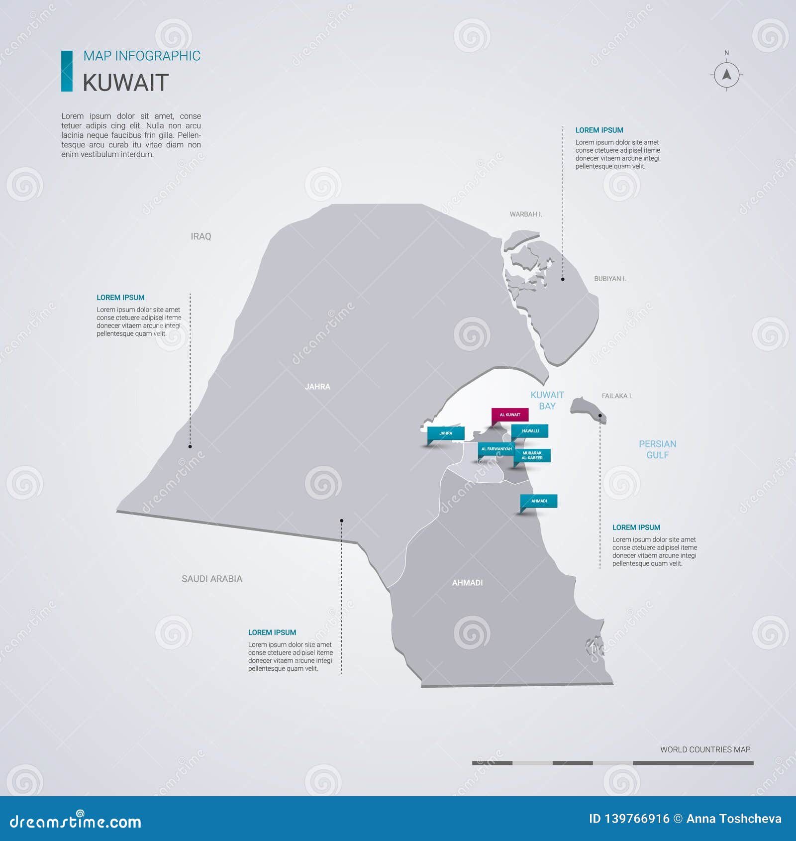 Kuwait Vector Map with Infographic Elements, Pointer Marks Stock Vector ...