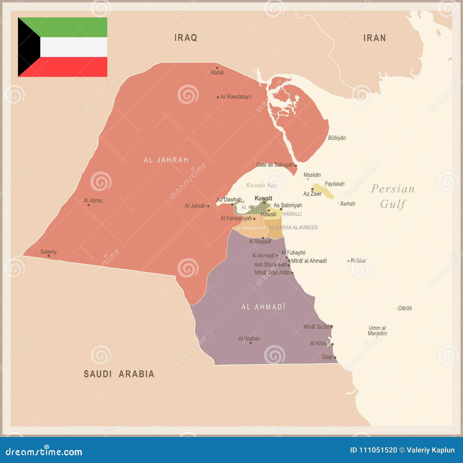 Kuwait - Vintage Map and Flag - Detailed Vector Illustration Stock ...