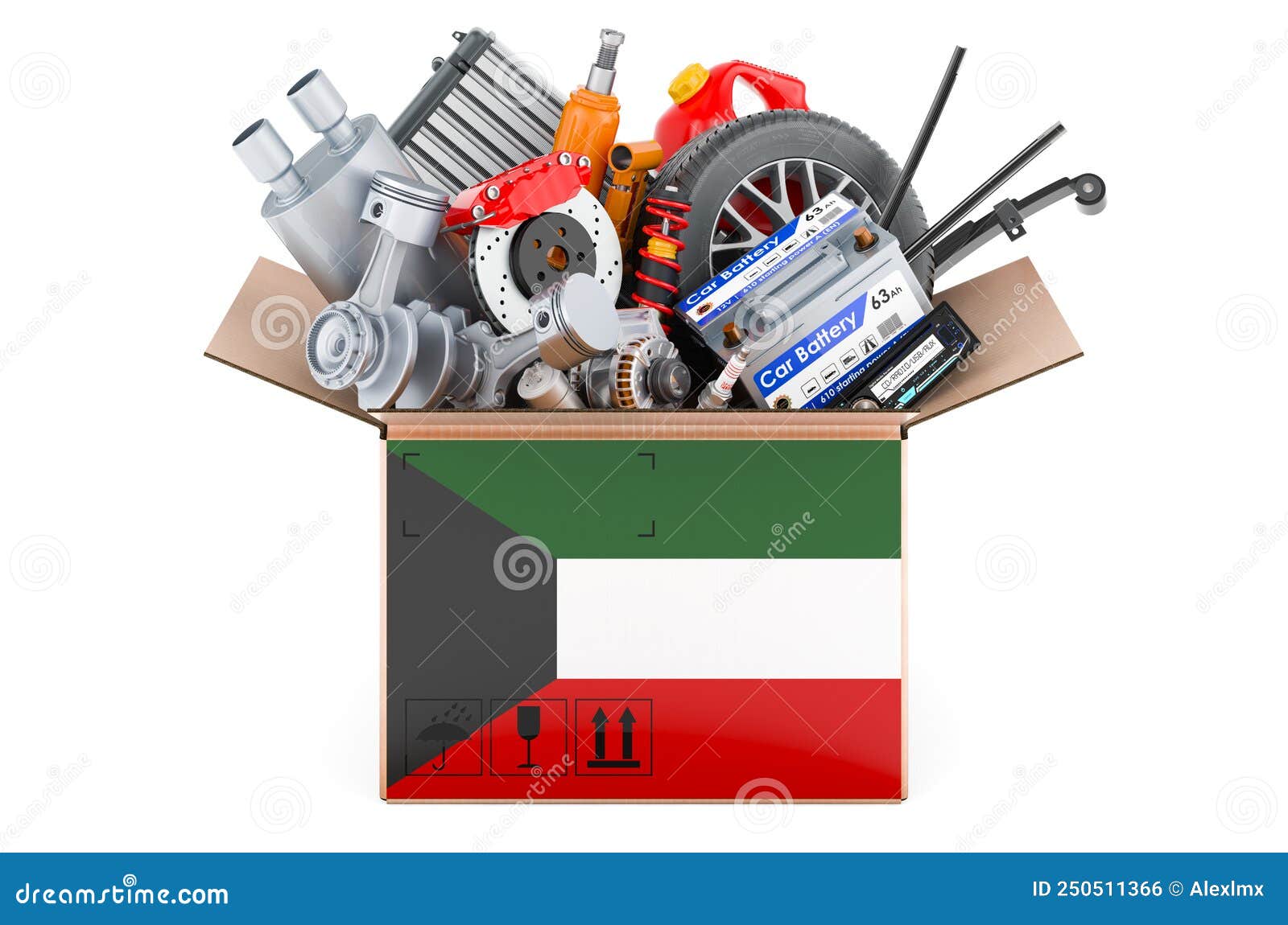 Kuwaiti Flag Painted on the Parcel with Car Parts. 3D Rendering Stock ...