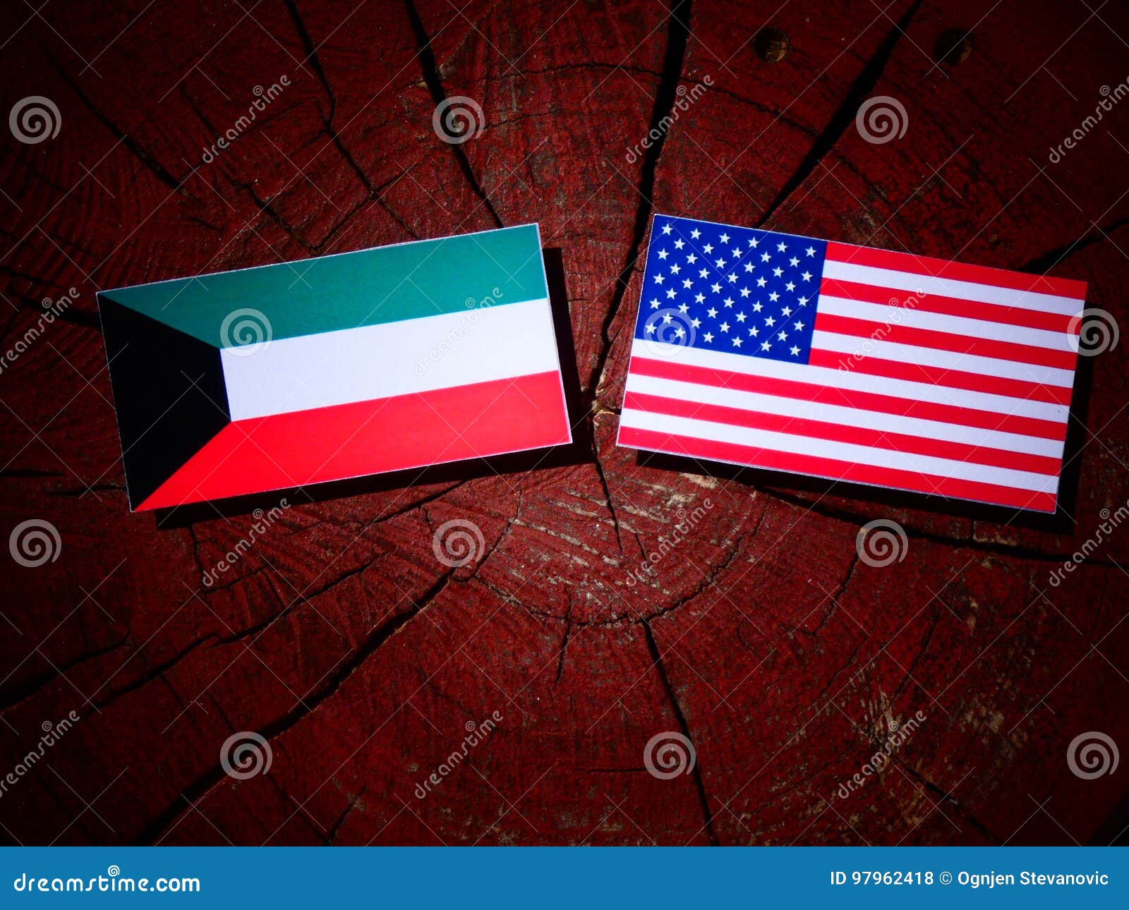 Kuwaiti Flag with USA Flag on a Tree Stump Stock Photo - Image of ...