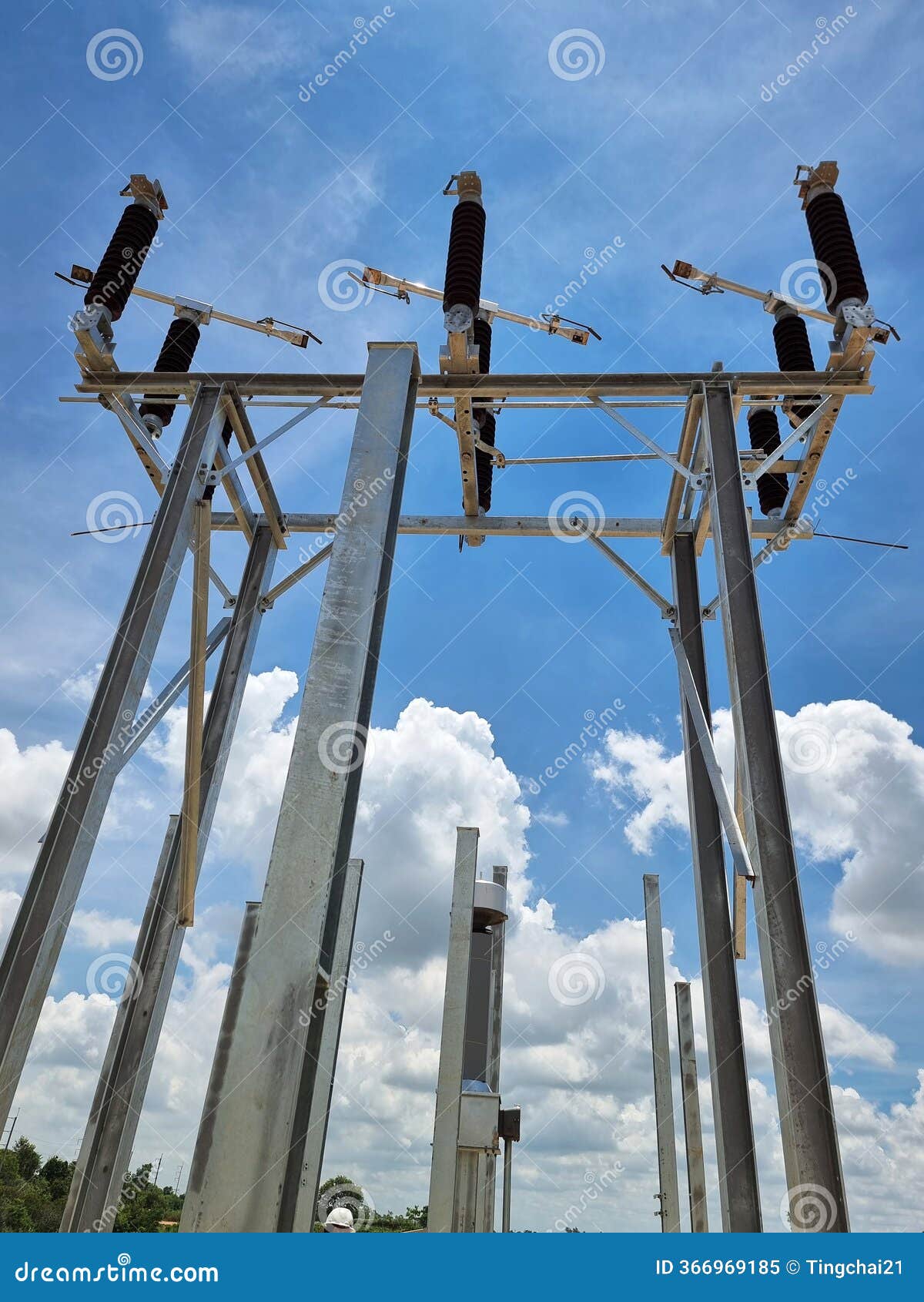 Disconnecting Switch Insulator Cleaning By A Worker At Take-off Tower ...
