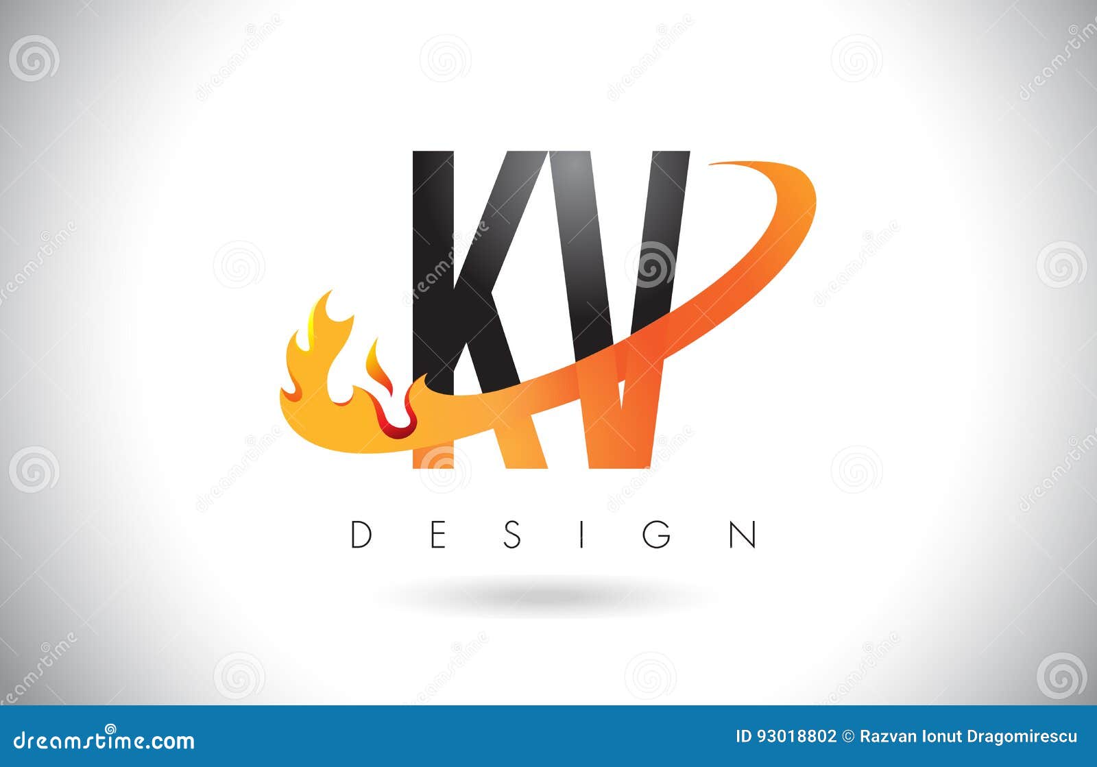 Kv K V Letter Logo With Fire Flames Design And Orange Swoosh Stock Vector Illustration Of