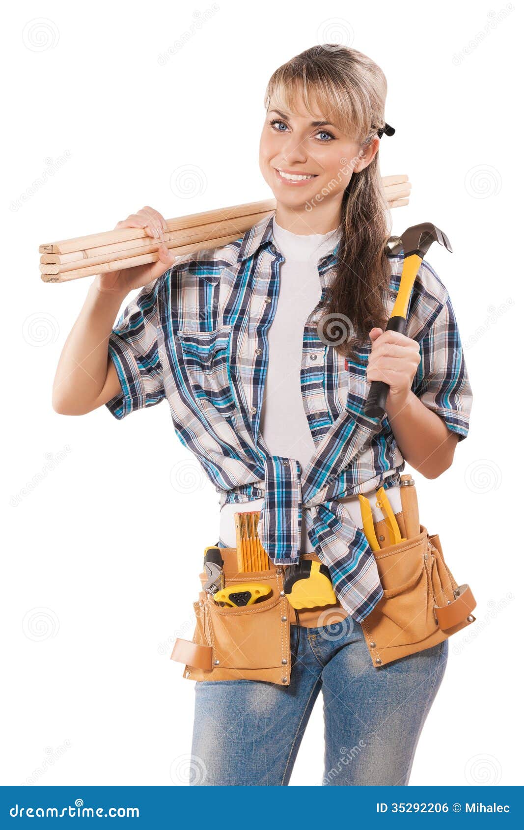 Kvinnlig snickare arkivfoto. Bild av tekniker, högt, tapeline - 35292206