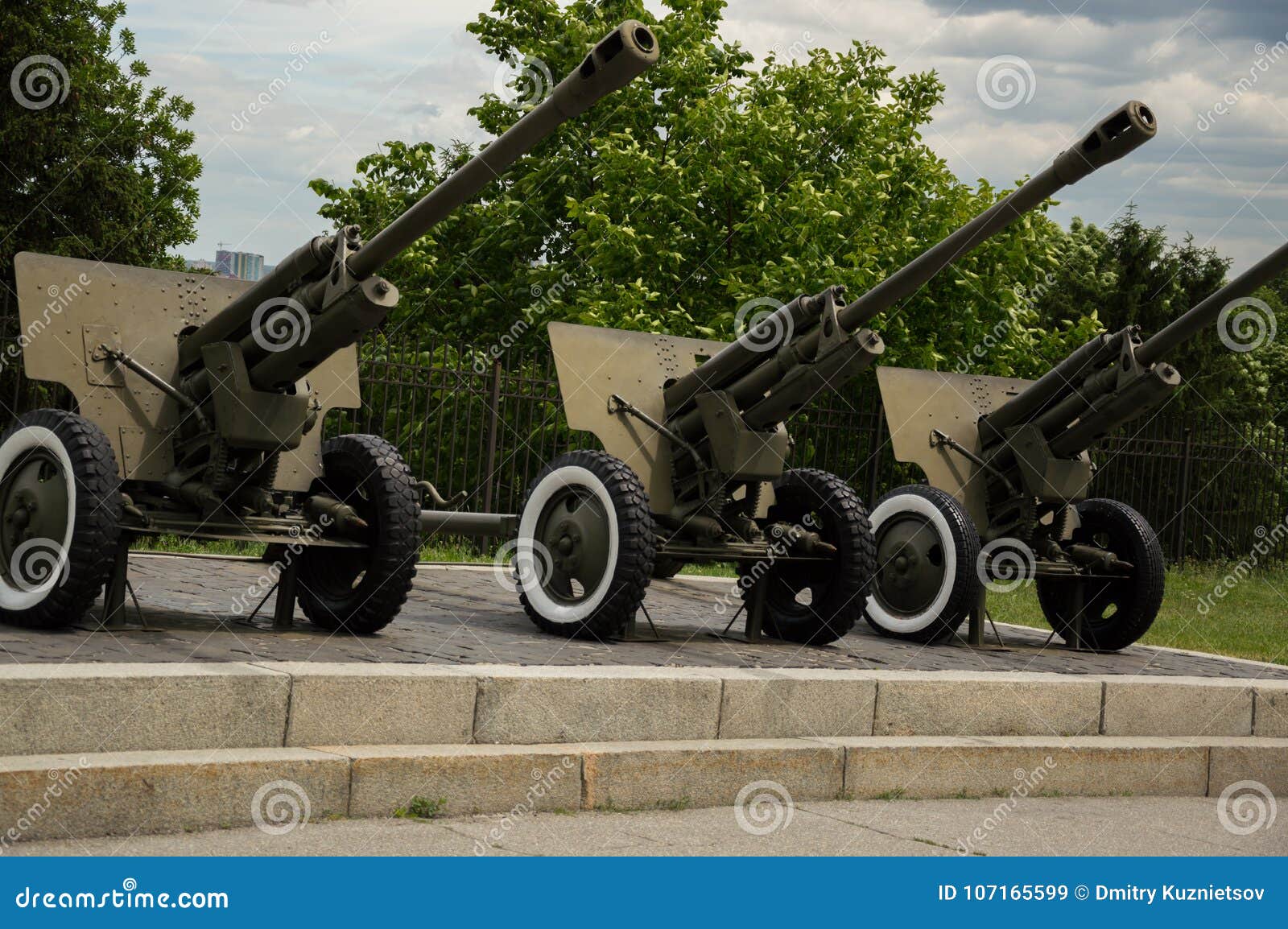 KYIV, UKRAINE - JUNE 1, 2017, Three Soviet Howitzer Weapons Standing ...